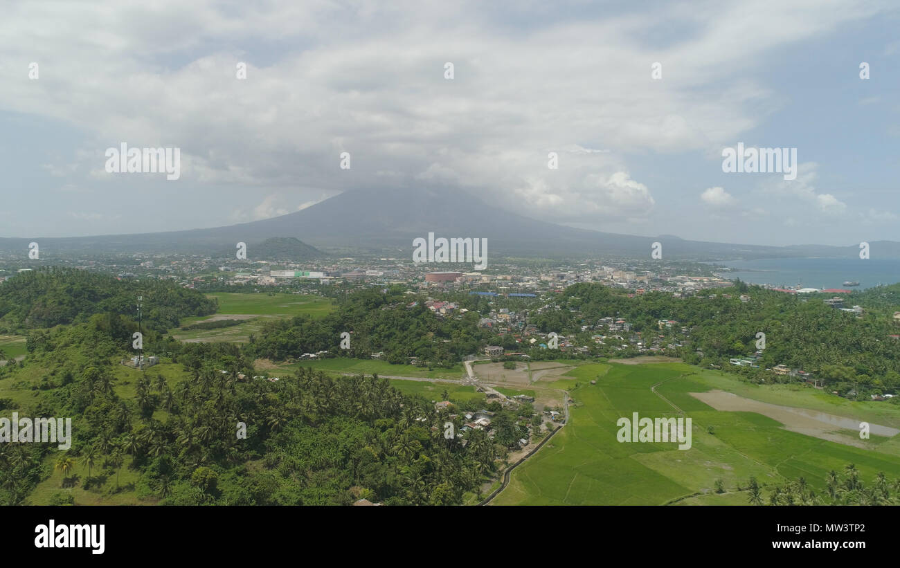 Aerial view city Legazpi in background Mayon volcano. Tropical ...