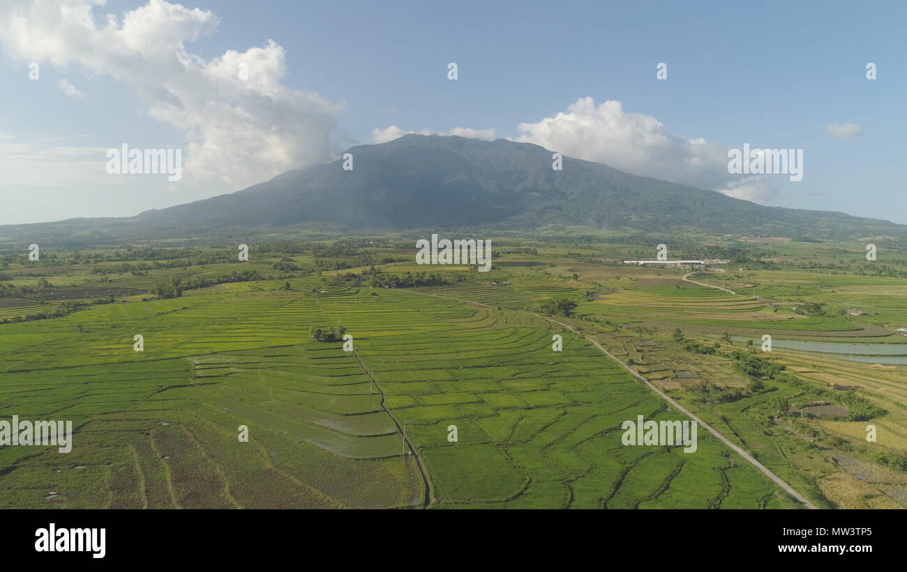 Mountain valley with farmland, rice terraces near mount Isarog. Aerial ...