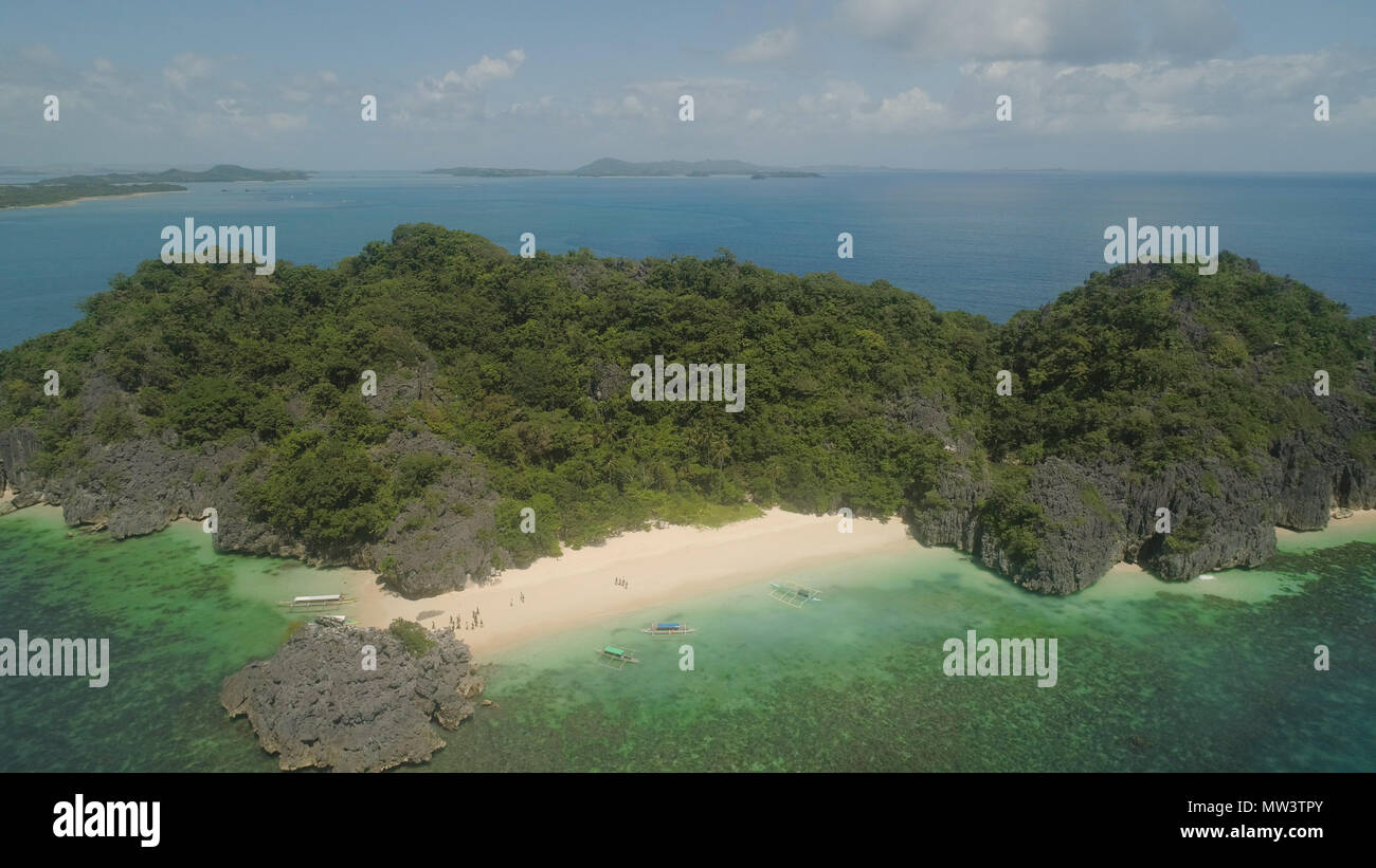 Aerial view Matukad island with sand beach and turquoise water in blue ...