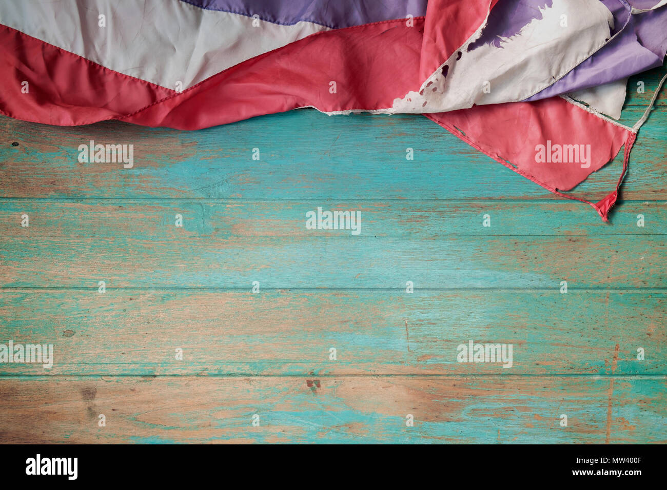 Old Thai flag on old wood background with copy space. Top view. Flat ...
