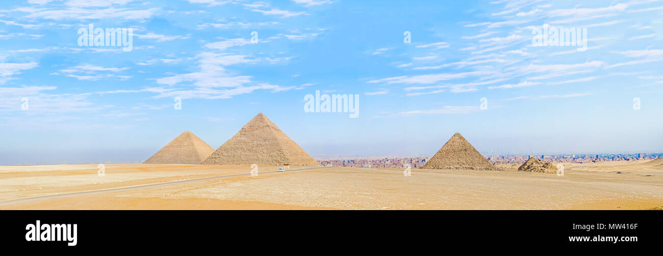 Landscape view at the Pyramids of Giza and city of Cairo at the ...