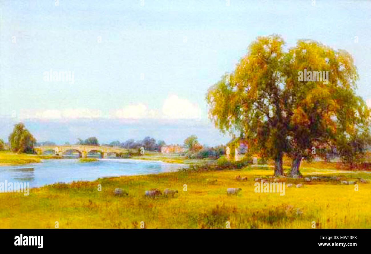 . English: Derbyshire's Swarkestone Bridge with sheep by Harold Gresley ...