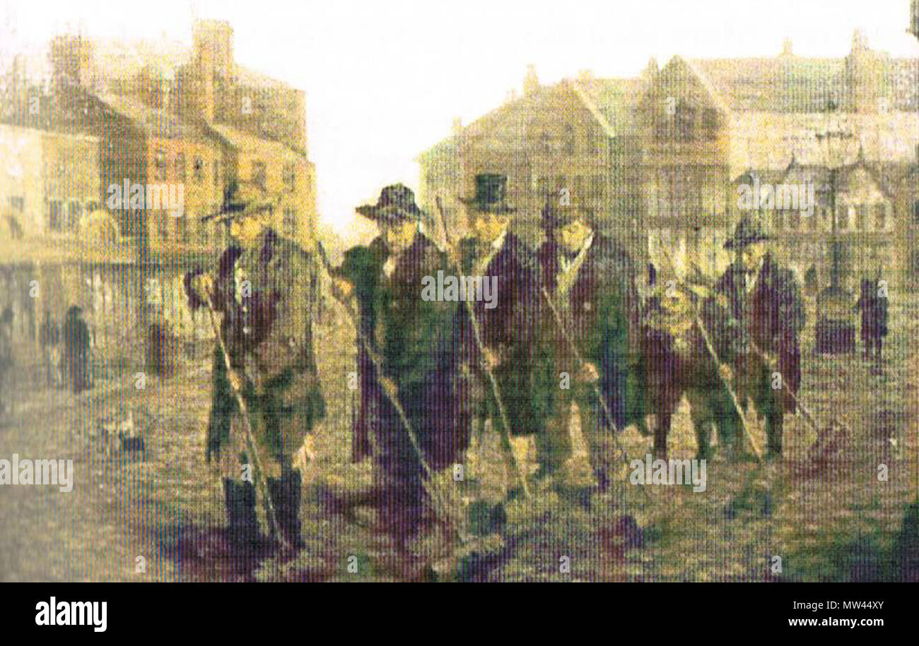 . English: Oil Painting depicting men sweeping an square in Oldham ...