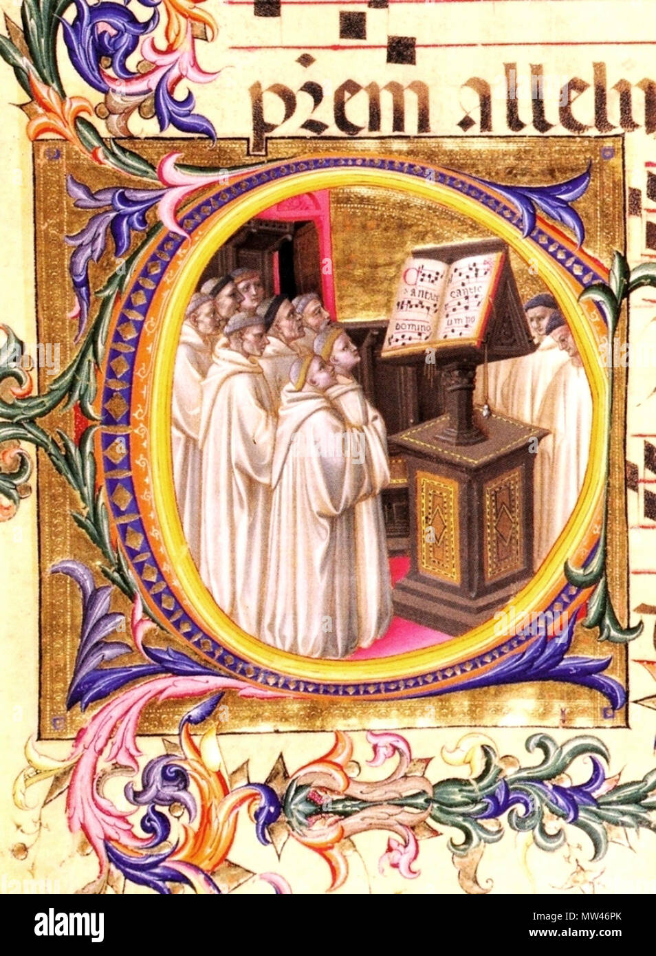 . English: Graduale, Monks choir, Capolettera O, c. 1410 Biblioteca ...