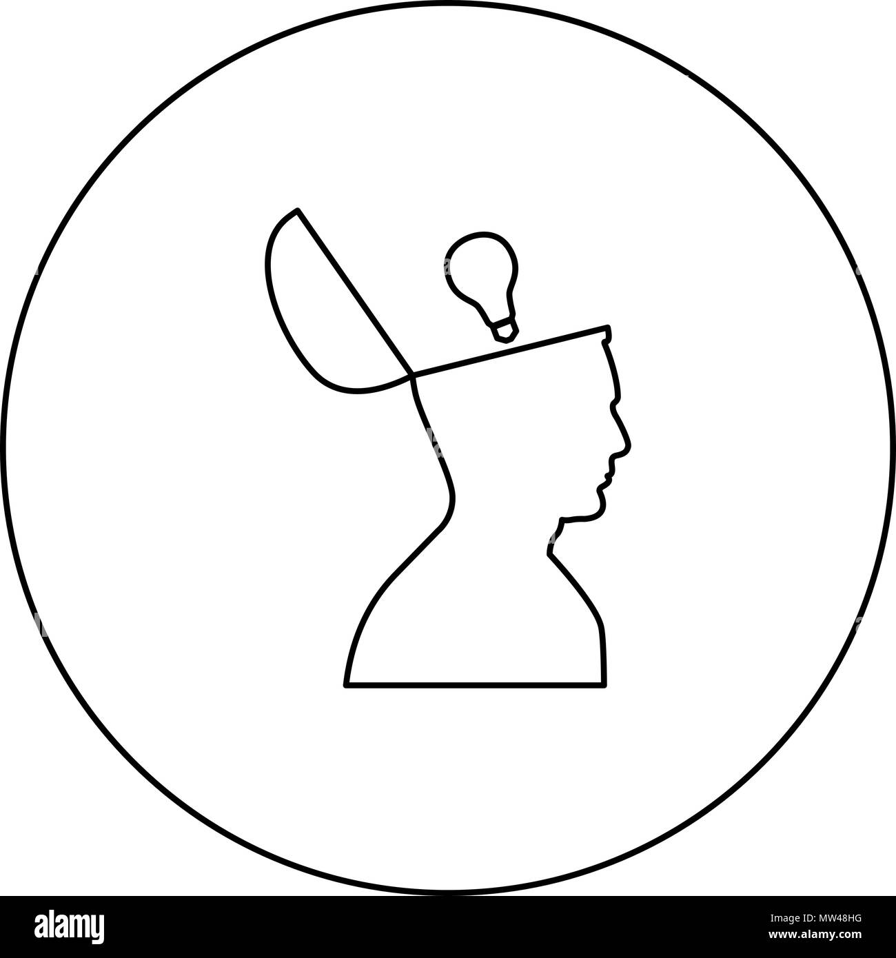 Man with lightbulb idea in open head black icon in circle outline ...