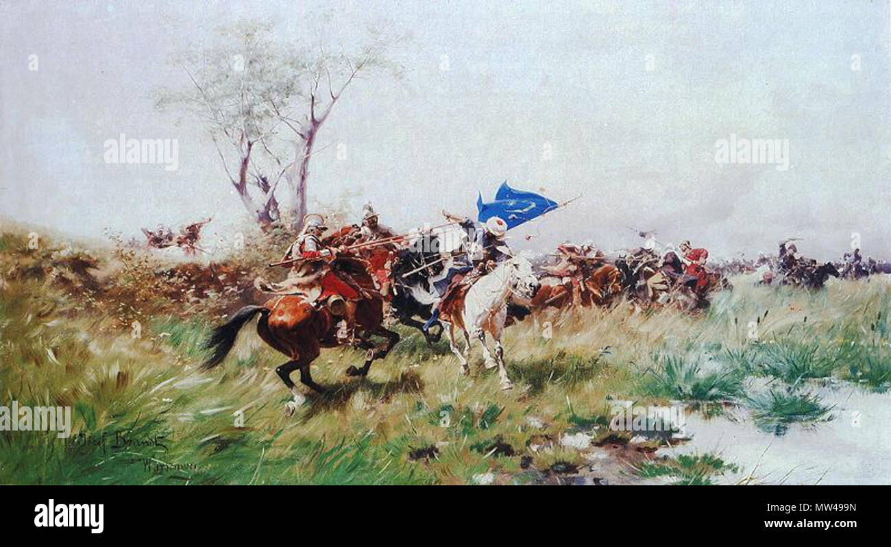 . Attack of the cavalry. On the left, cavalry of the Polish-Lithuanian ...