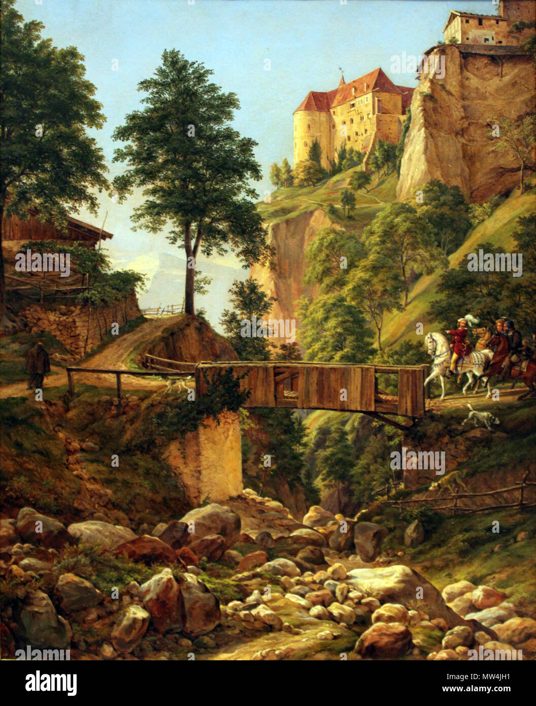 . English: Horsemen in old-fashioned German costumes below castle Tyrol ...