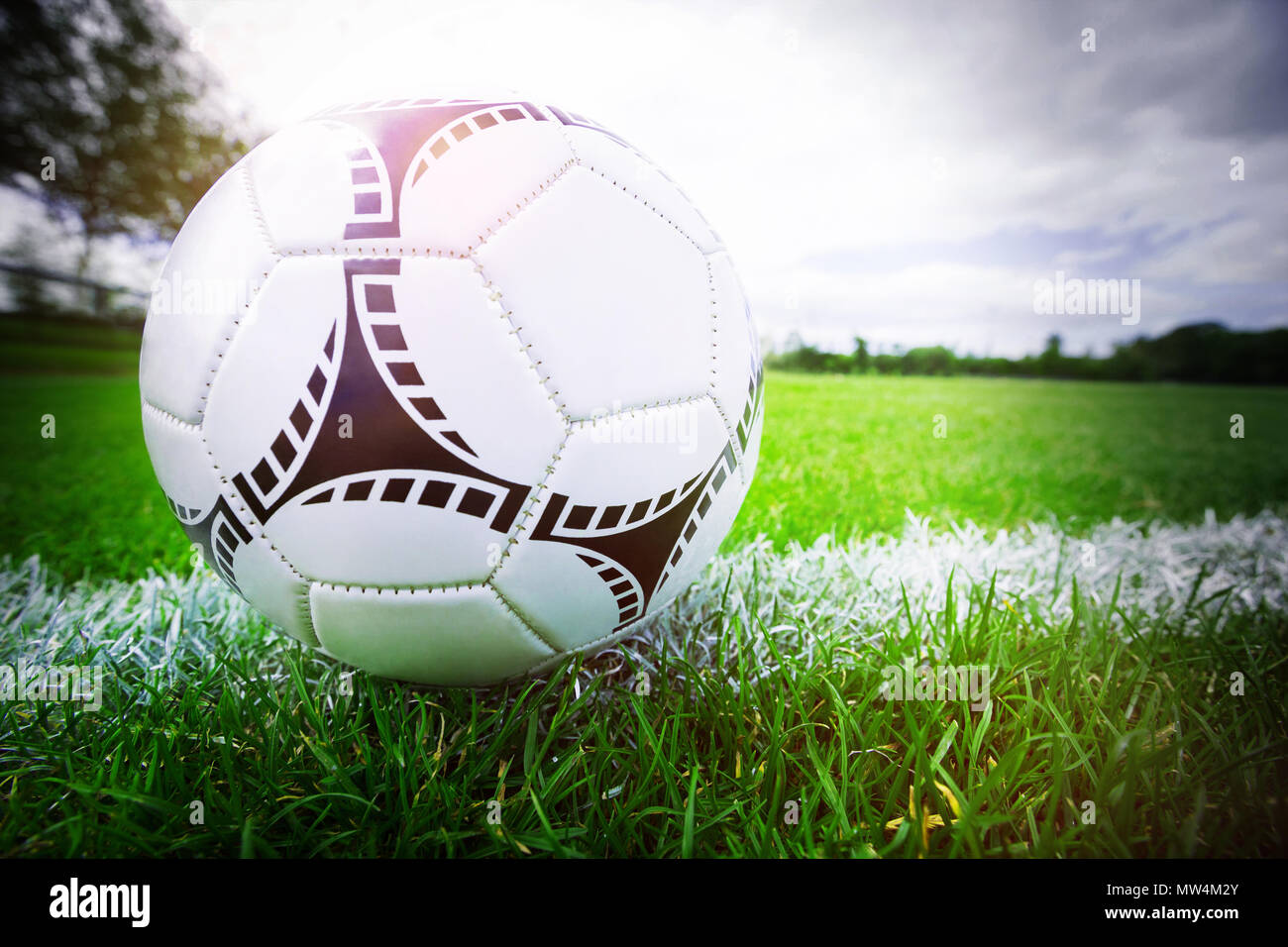 Soccer ball on marking line Stock Photo - Alamy