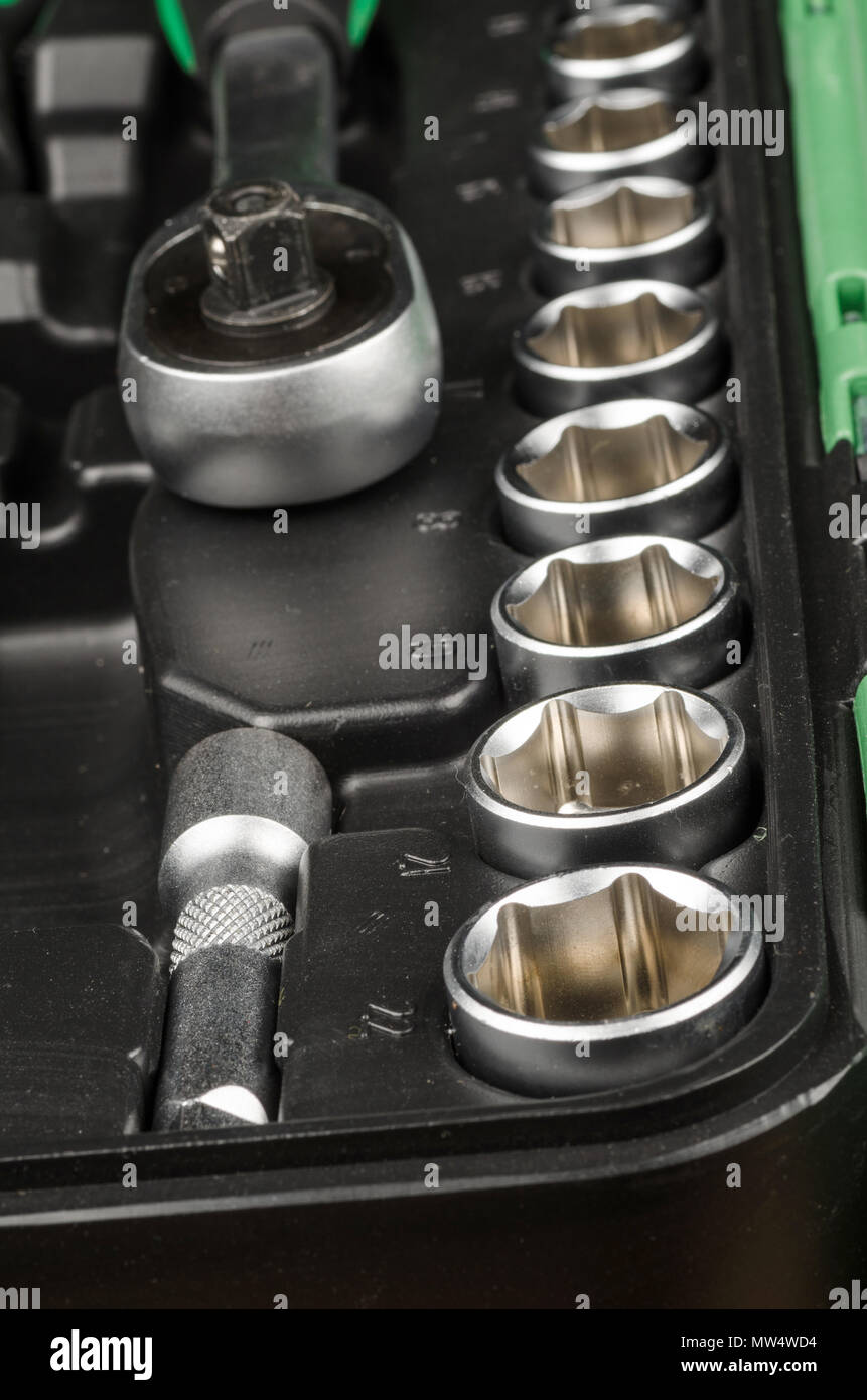 Assorted ratchet sockets inside a toolbox Stock Photo - Alamy