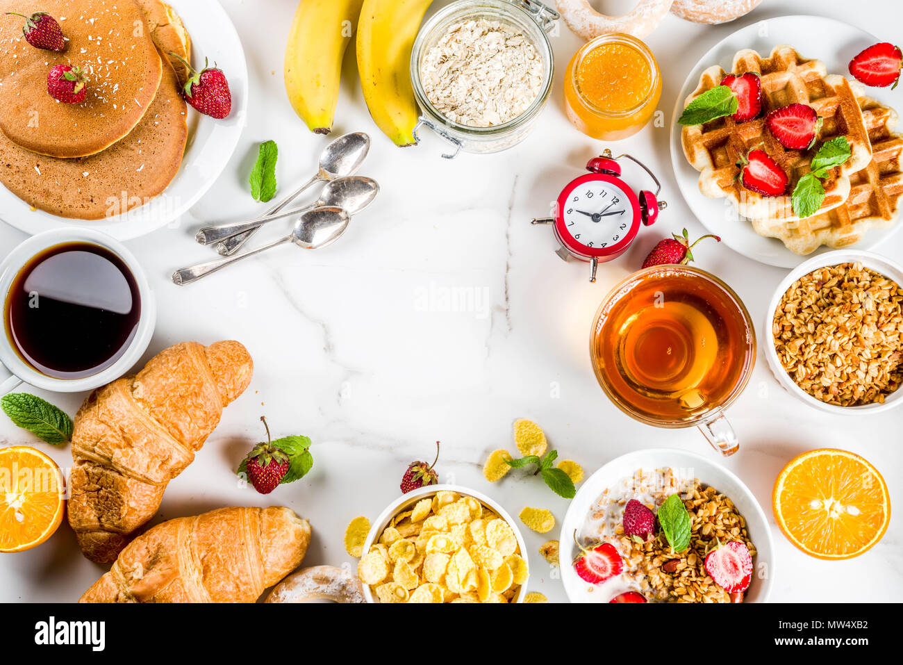 Healthy breakfast eating concept, various morning food - pancakes ...