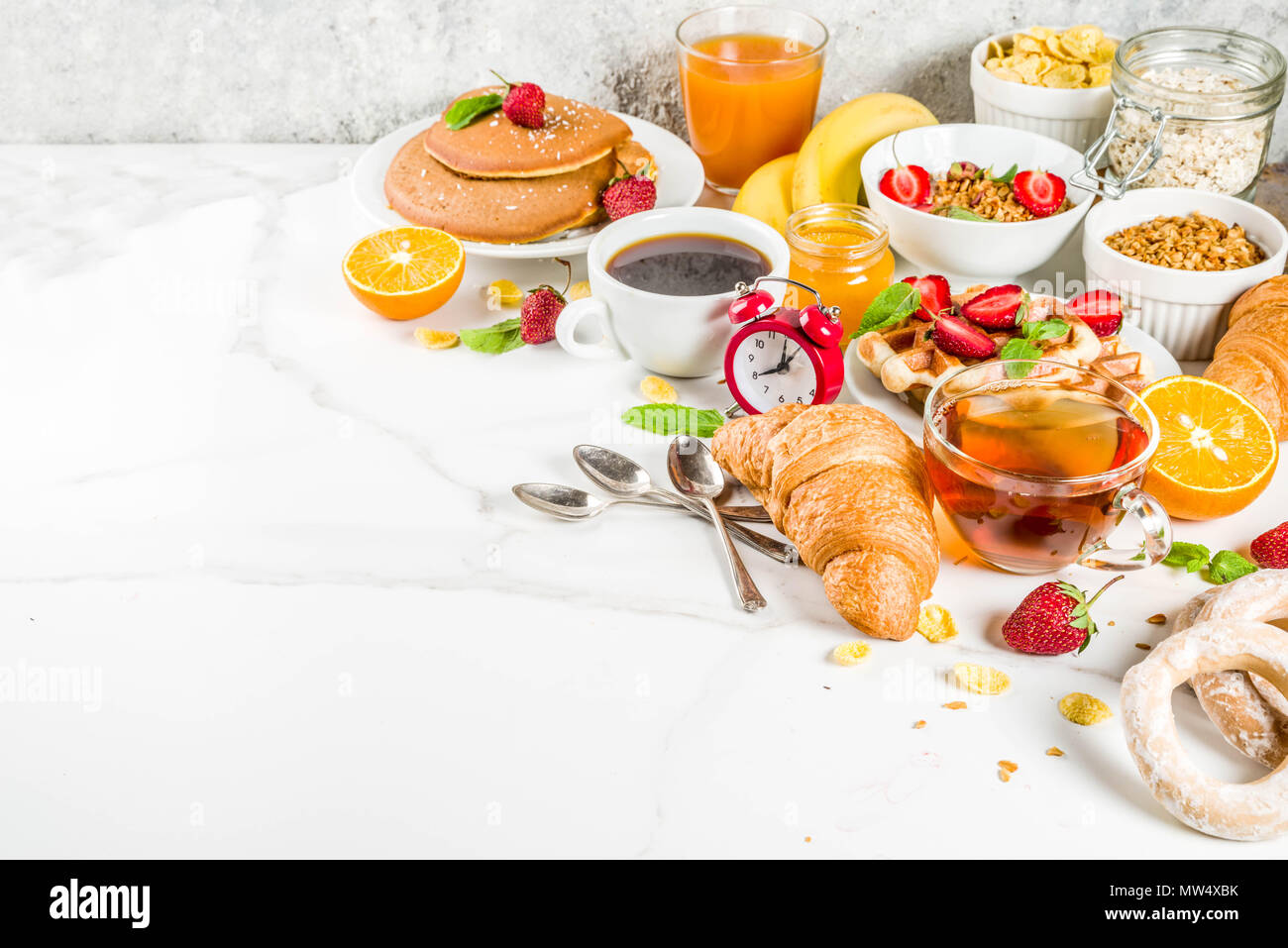 Healthy breakfast eating concept, various morning food - pancakes ...