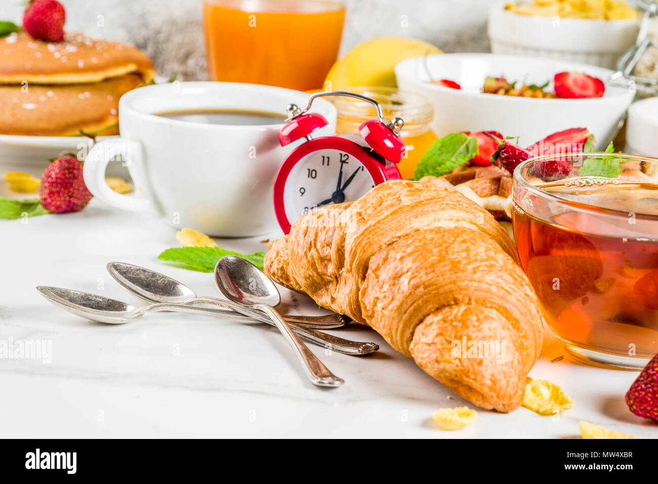 Healthy breakfast eating concept, various morning food - pancakes ...