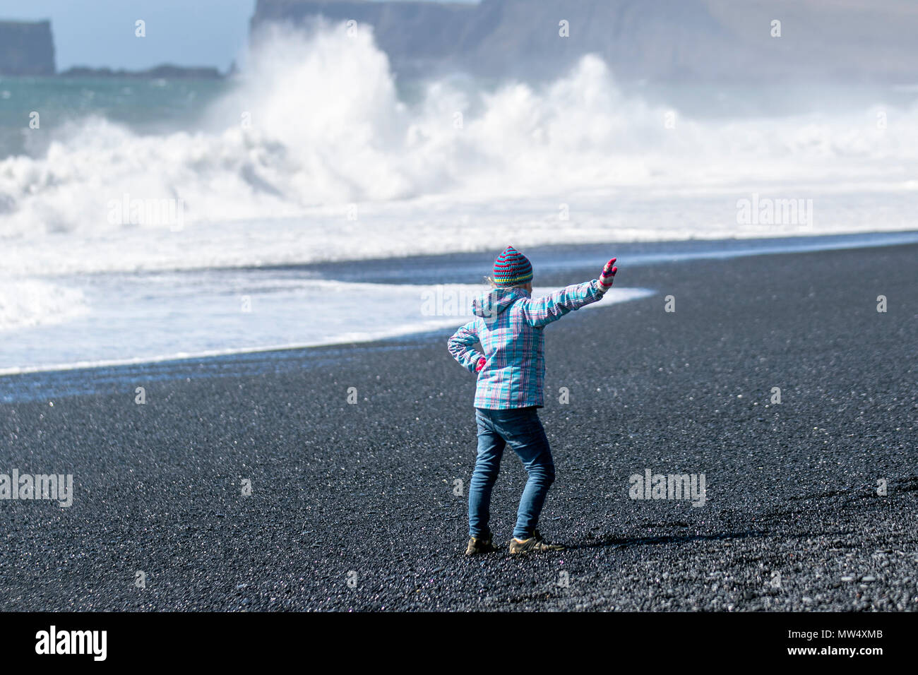 Storm force waves and raging seas on the coastline at Vik, Reynisfjara ...