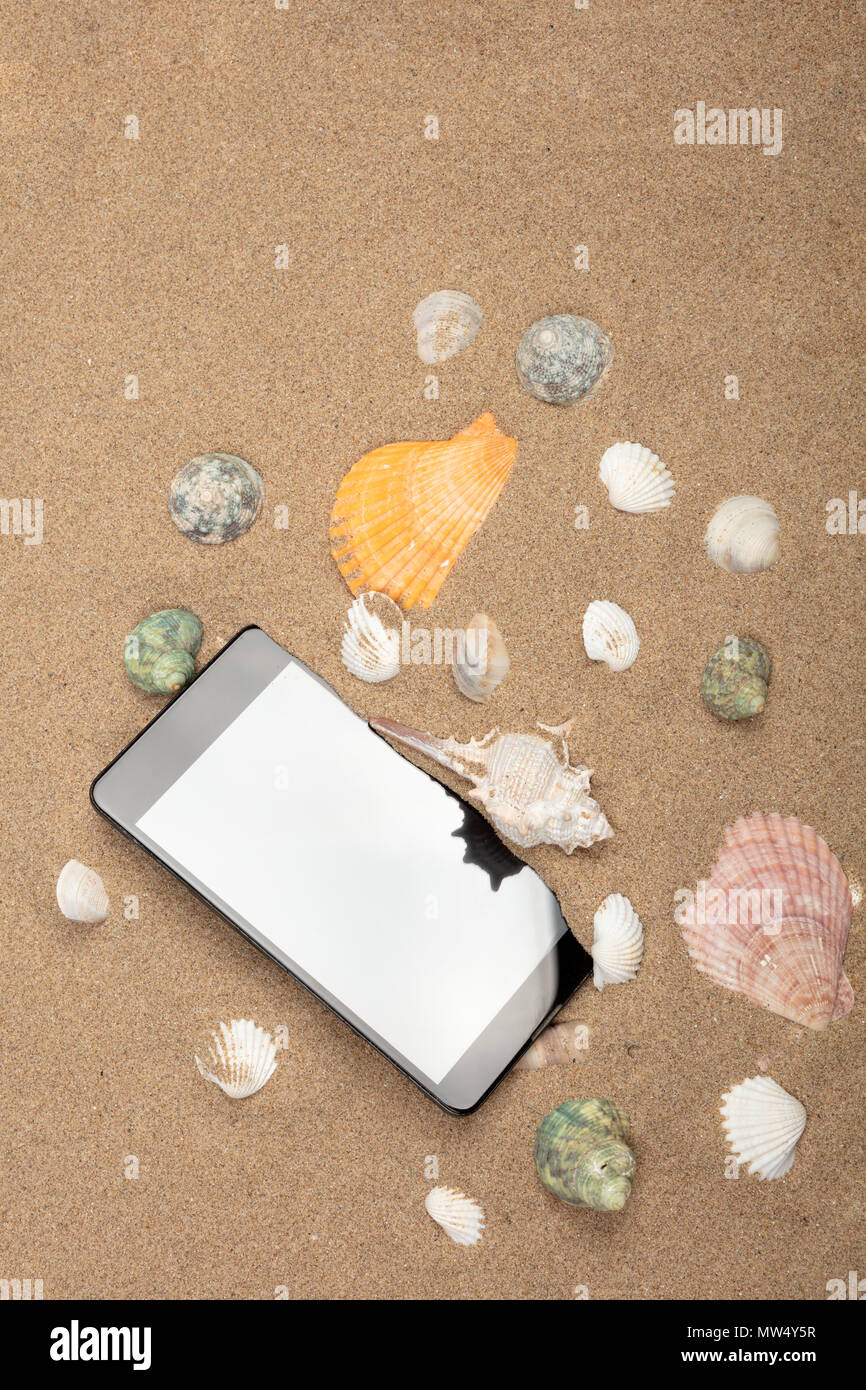 Smartphone on sea sand with seashells. Top view with copy space Stock ...