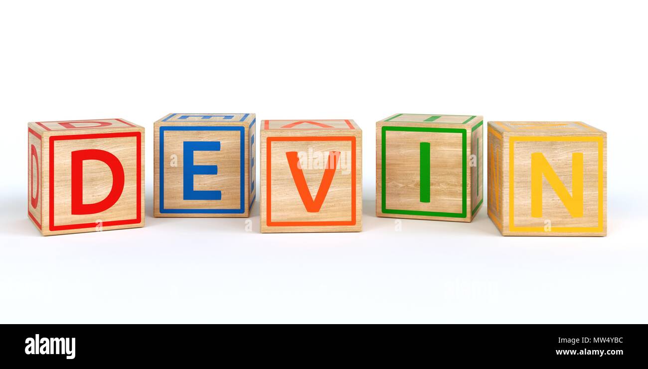 The name devin written with Isolated wooden toy cubes Stock Photo - Alamy