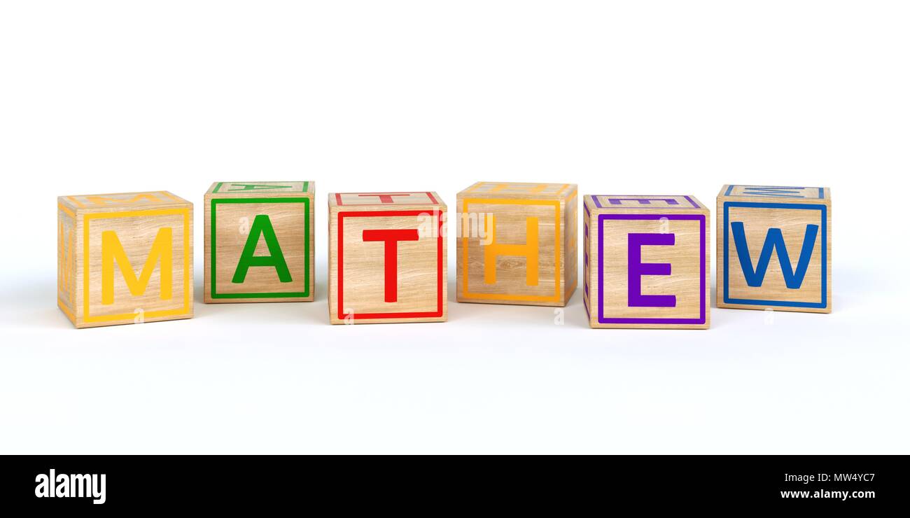 The name mathew written with Isolated wooden toy cubes Stock Photo - Alamy