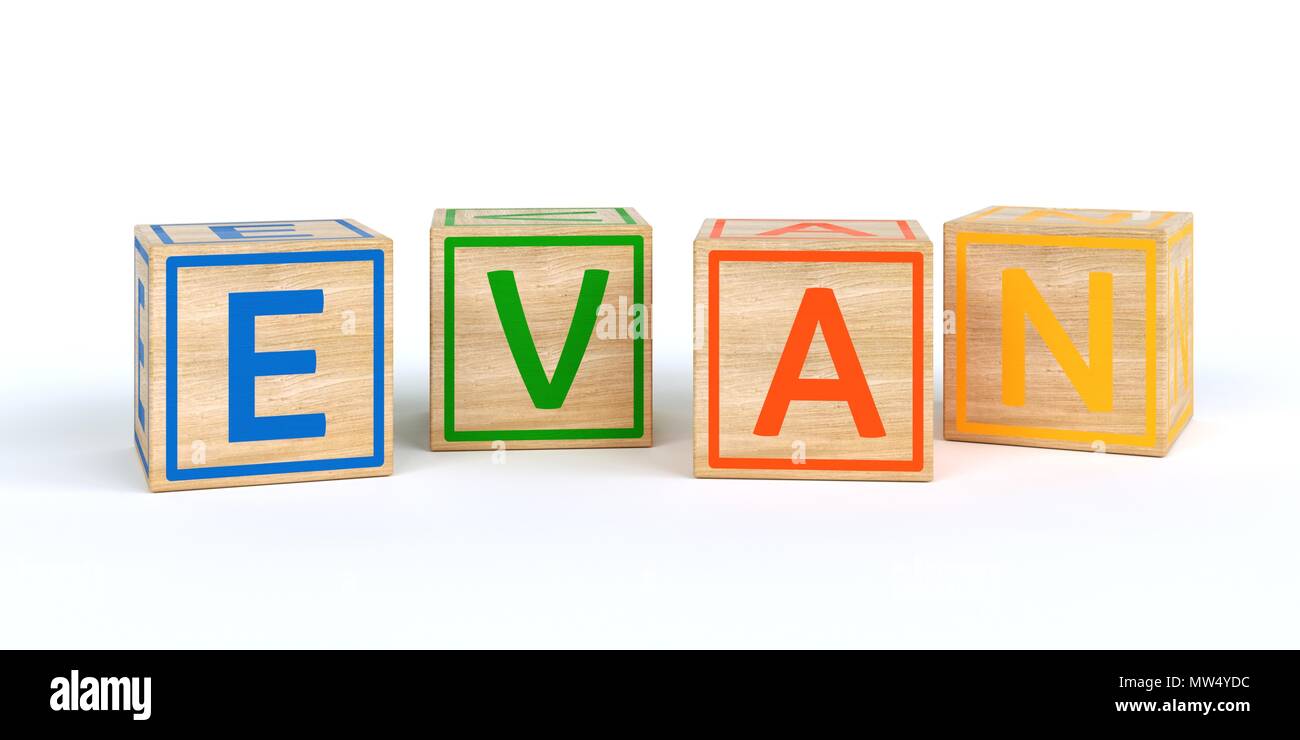 The name evan written with Isolated wooden toy cubes Stock Photo - Alamy