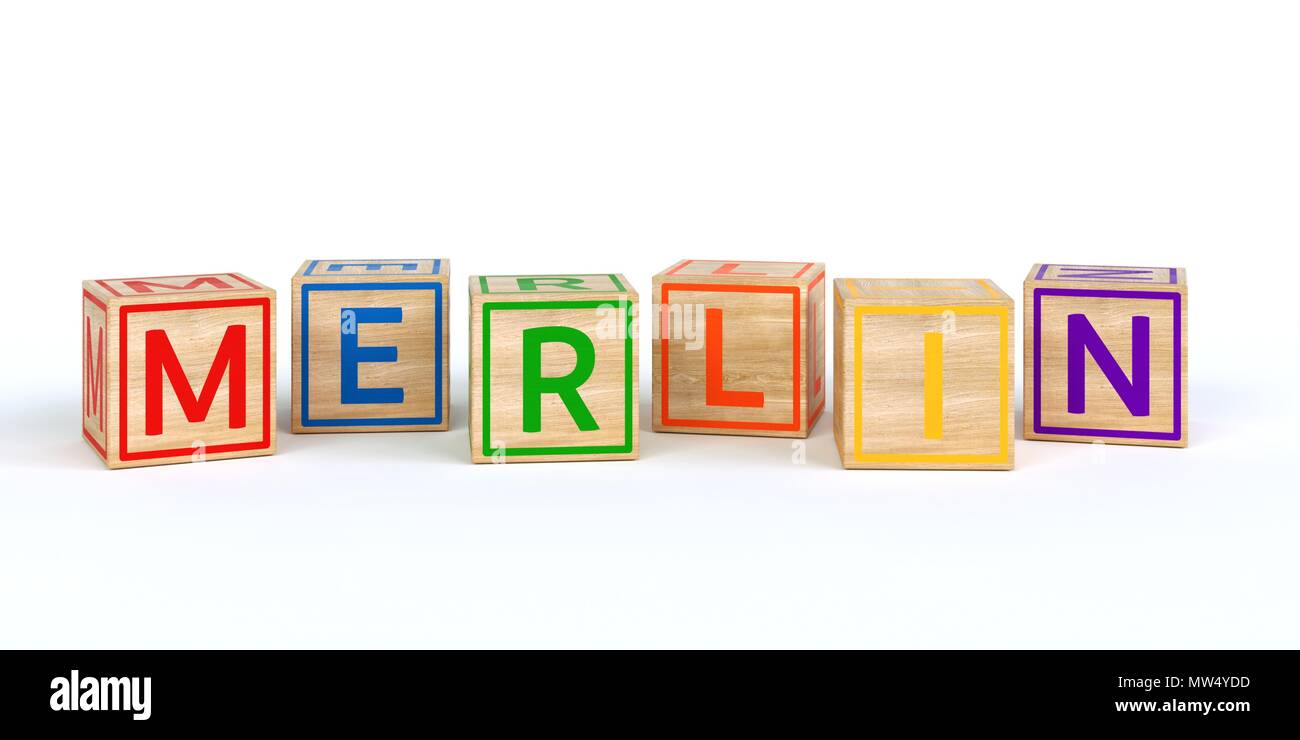 The name merlin written with Isolated wooden toy cubes Stock Photo - Alamy