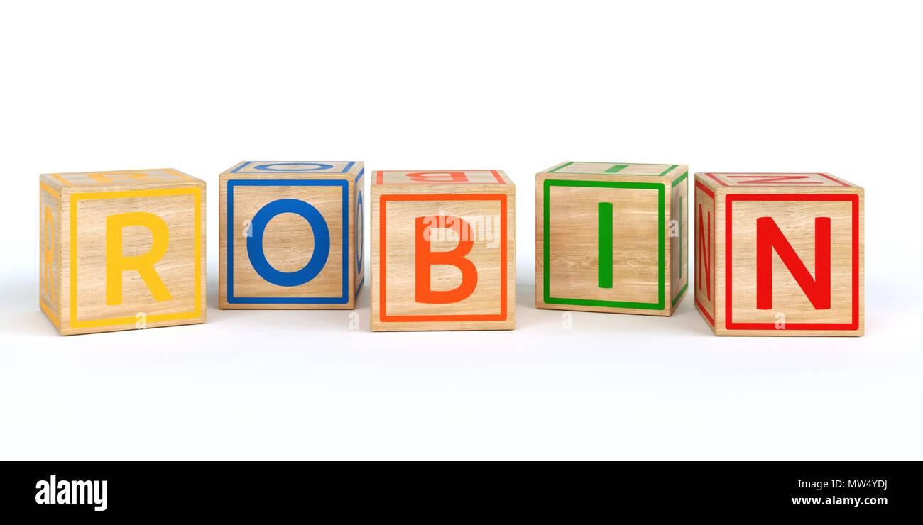 The name robin written with Isolated wooden toy cubes Stock Photo - Alamy