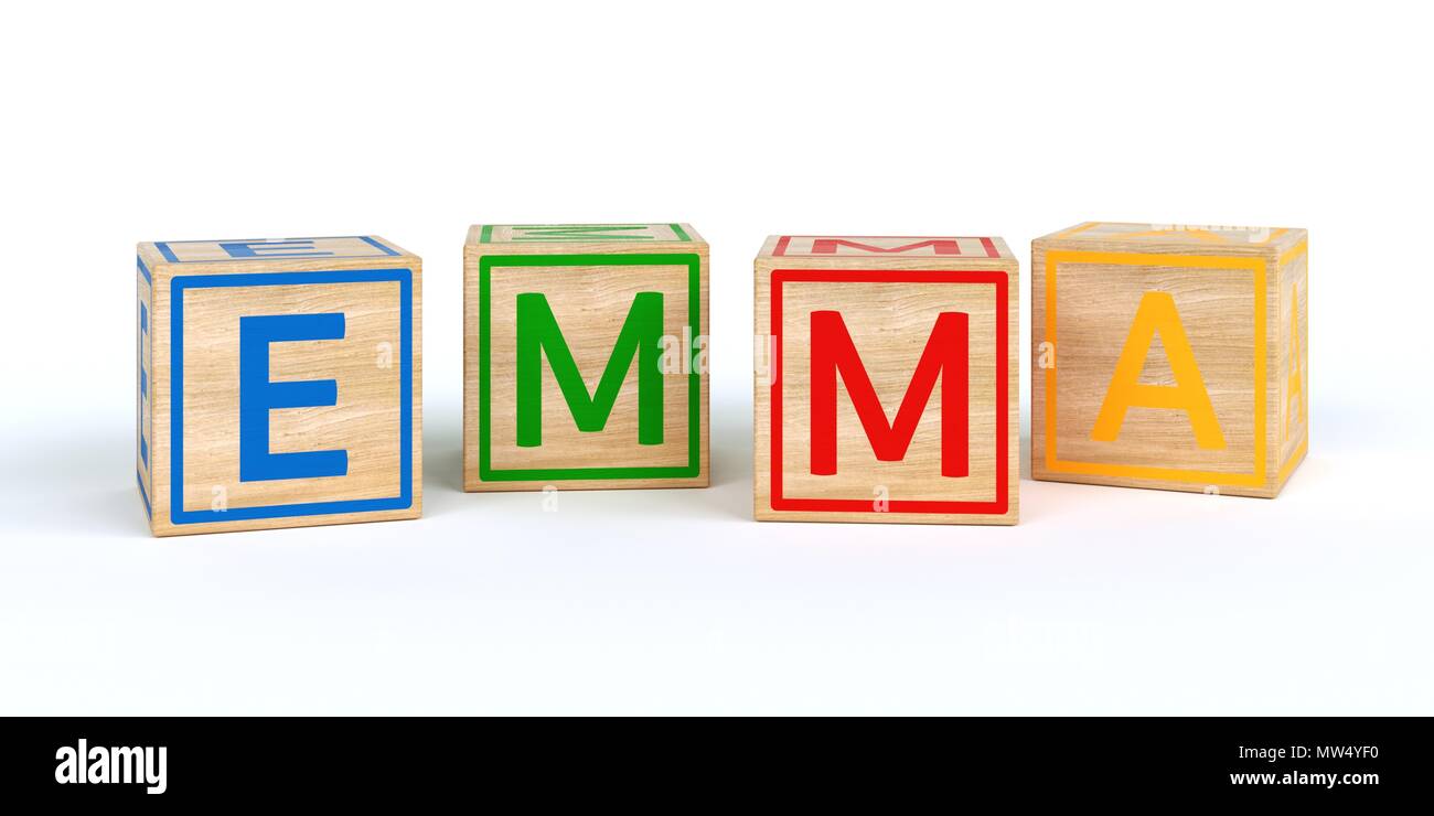 The name emma written with Isolated wooden toy cubes Stock Photo - Alamy