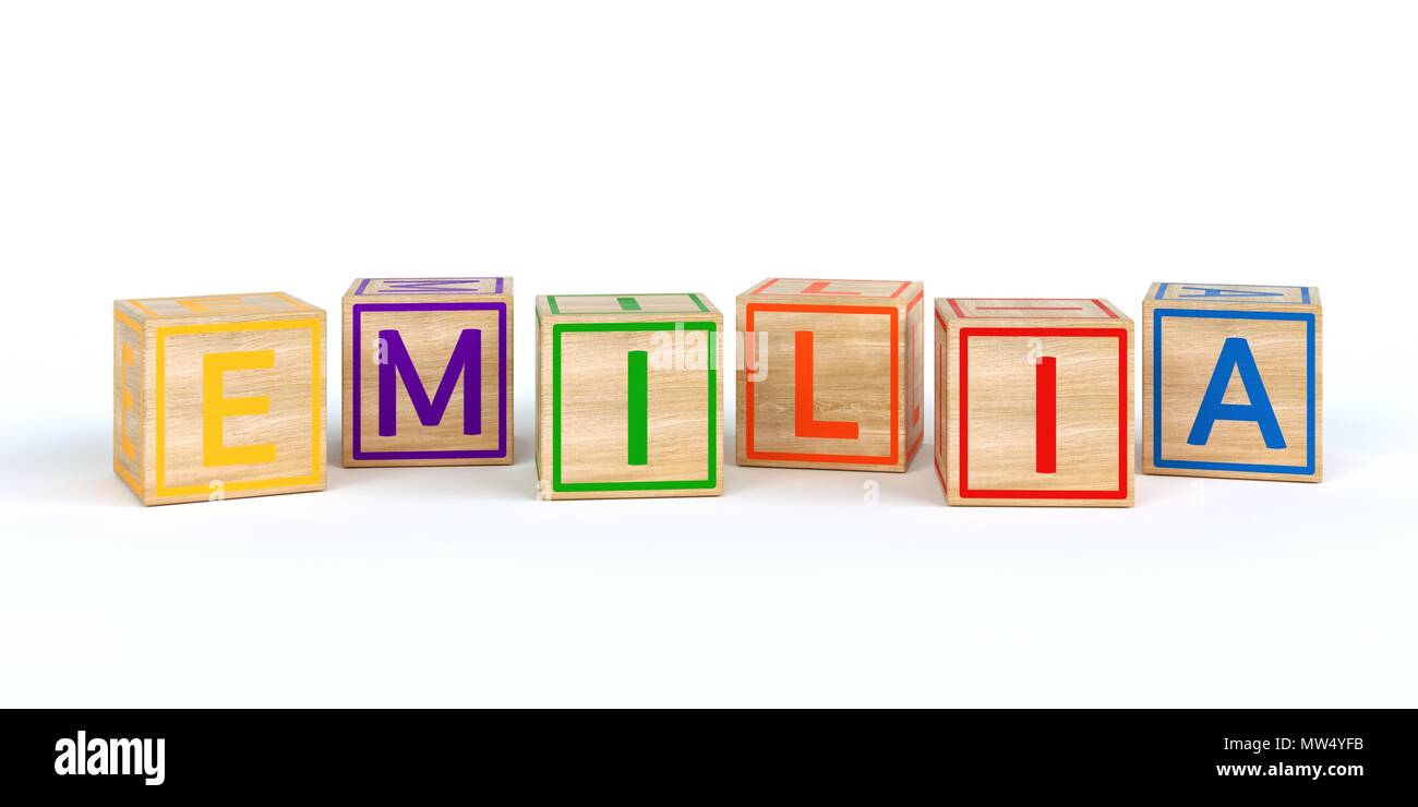 The name emilia written with Isolated wooden toy cubes Stock Photo - Alamy