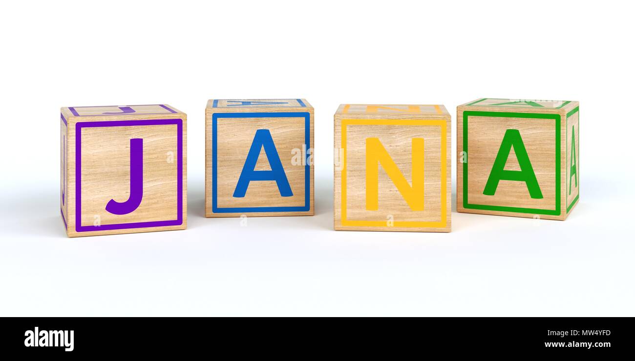 The name Jana written with Isolated wooden toy cubes Stock Photo - Alamy