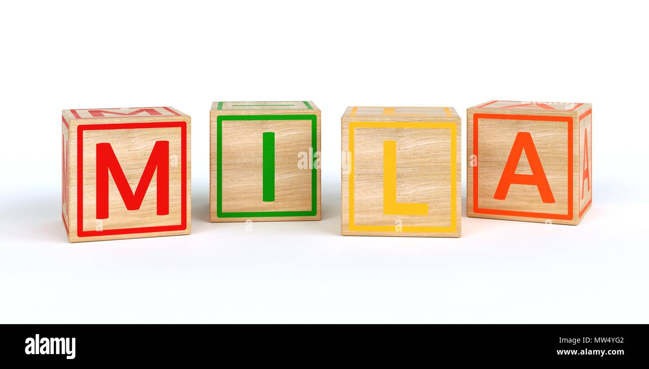 The name mila written with Isolated wooden toy cubes Stock Photo - Alamy