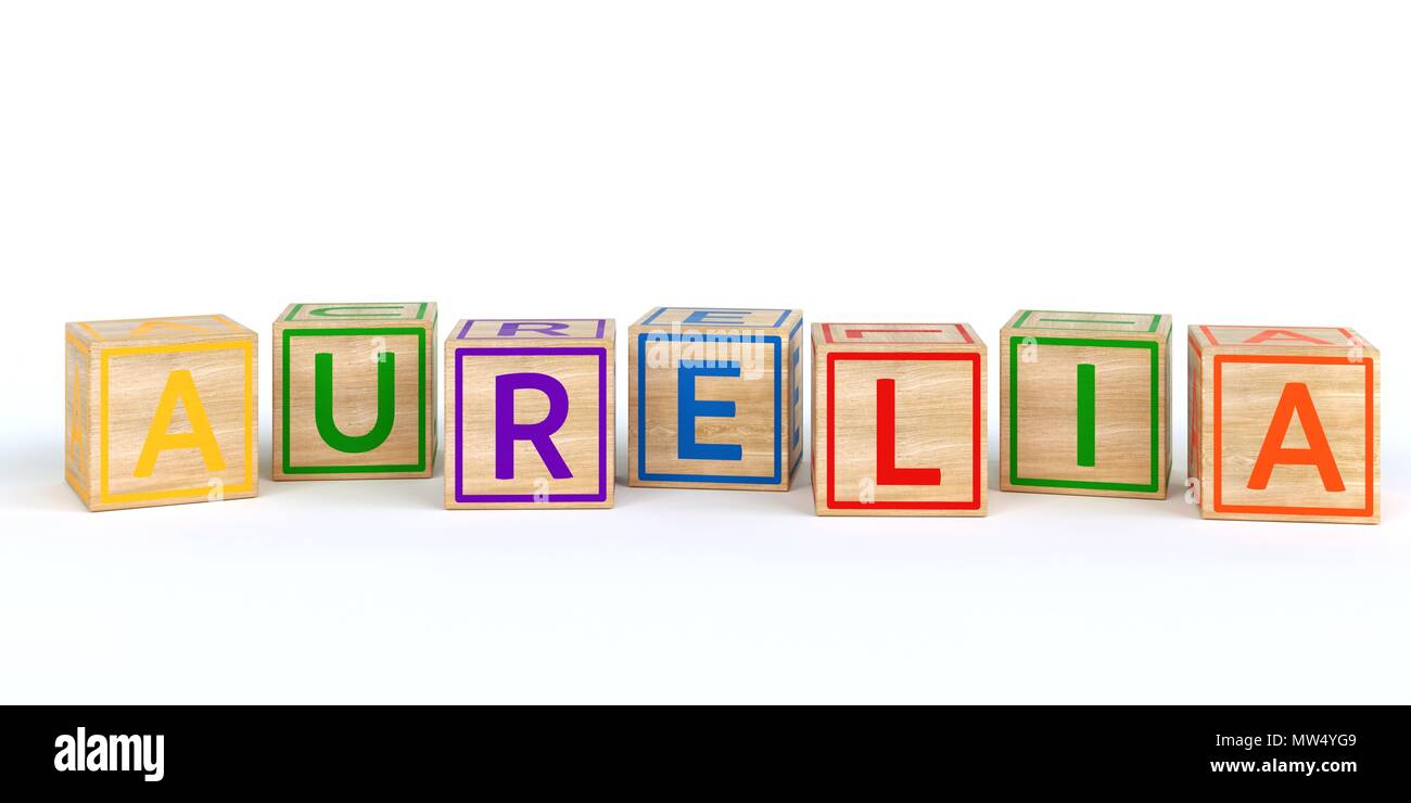 The name aurelia written with Isolated wooden toy cubes Stock Photo - Alamy