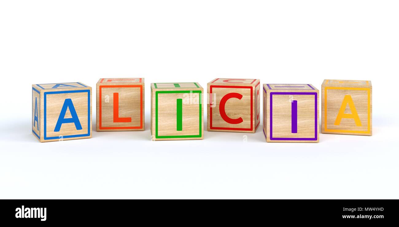 The name alicia written with Isolated wooden toy cubes Stock Photo - Alamy