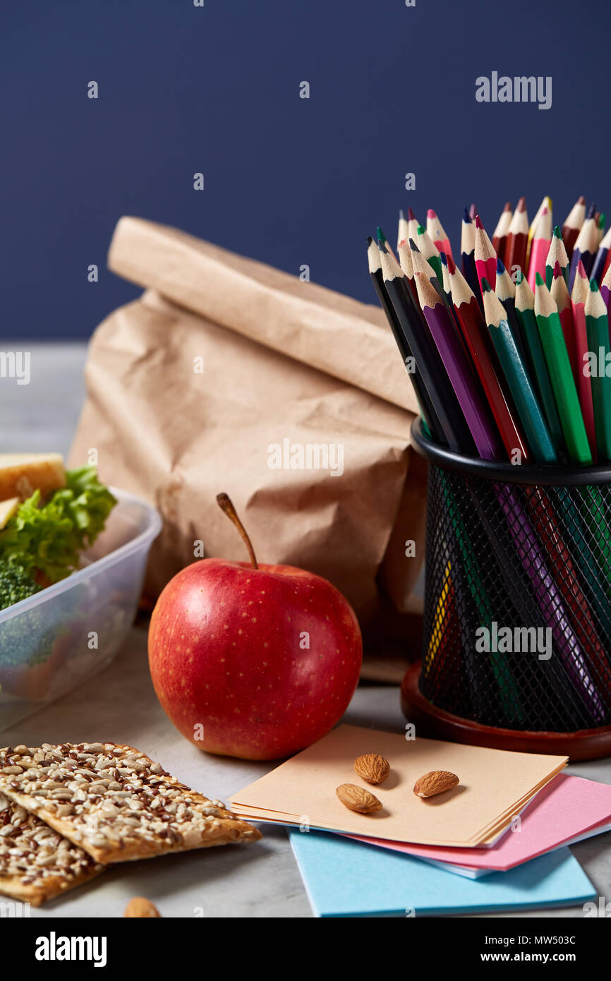 Back to School concept, school supplies, assortment of biscuits, paper ...