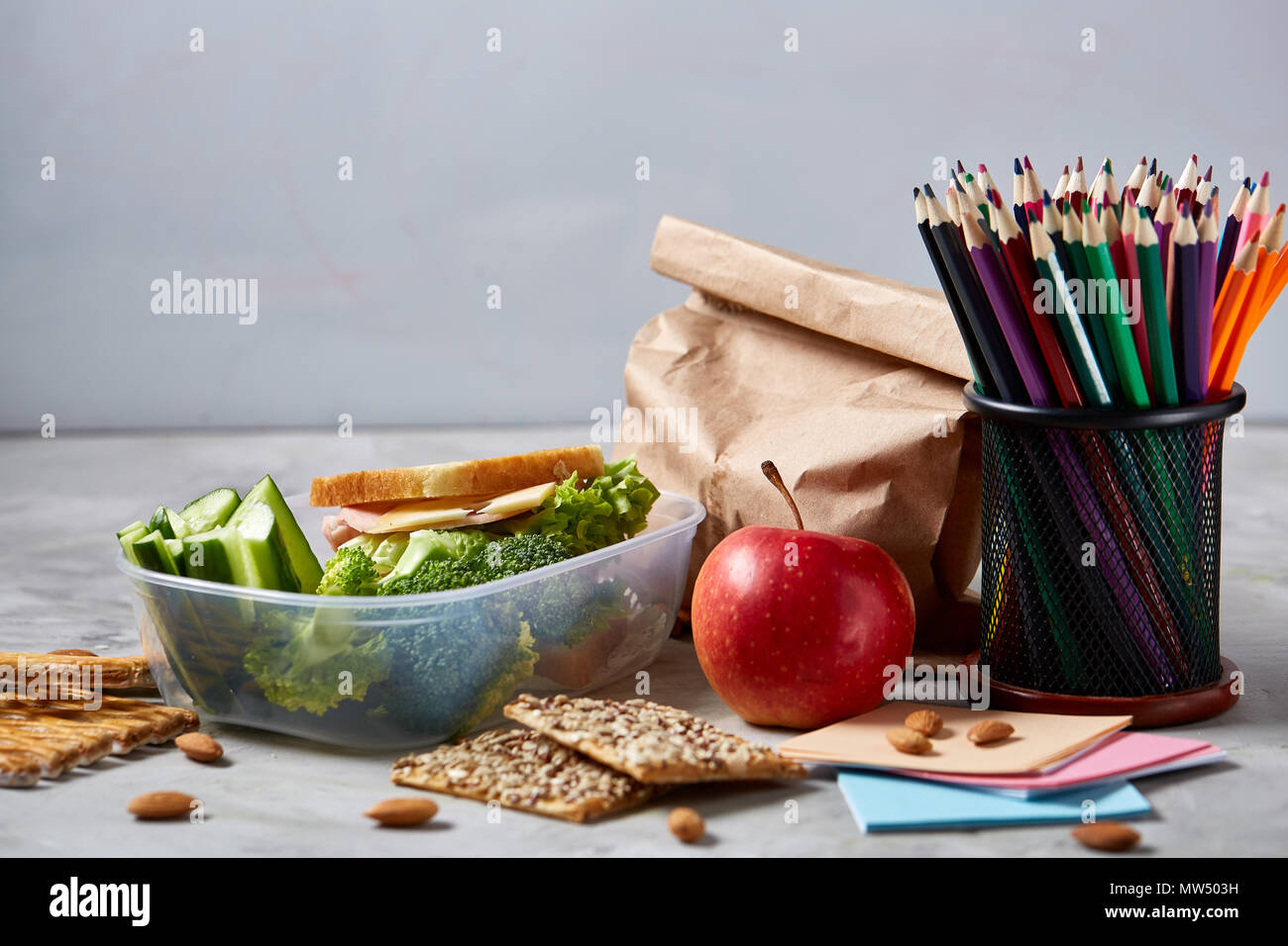 Back to School concept, school supplies, assortment of biscuits, paper ...