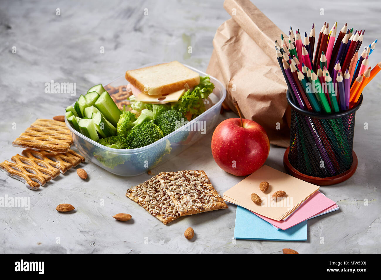 Back to School concept, school supplies, assortment of biscuits, paper ...