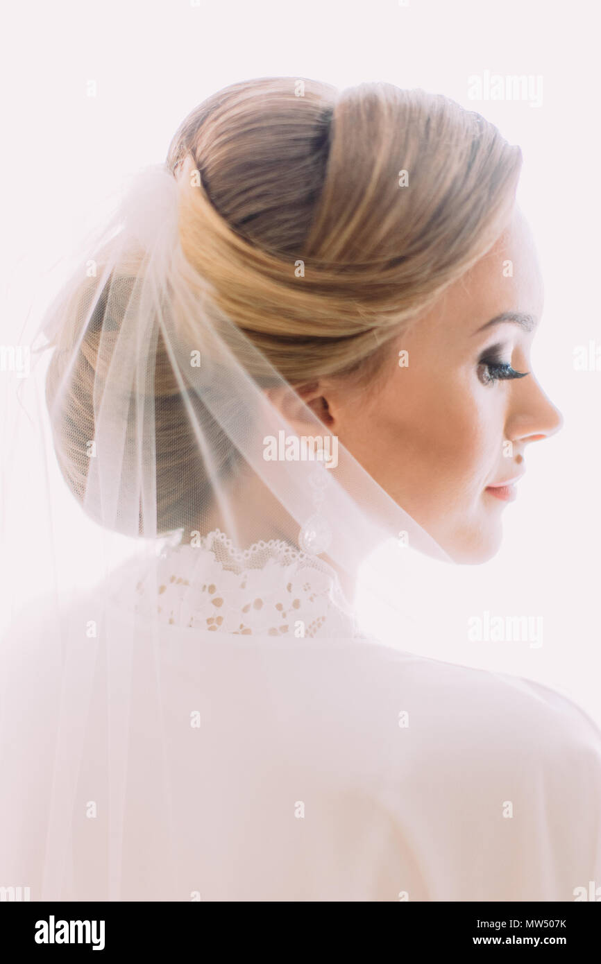 Th side view of the bride`s hairstyle decorated with wedding veil Stock ...