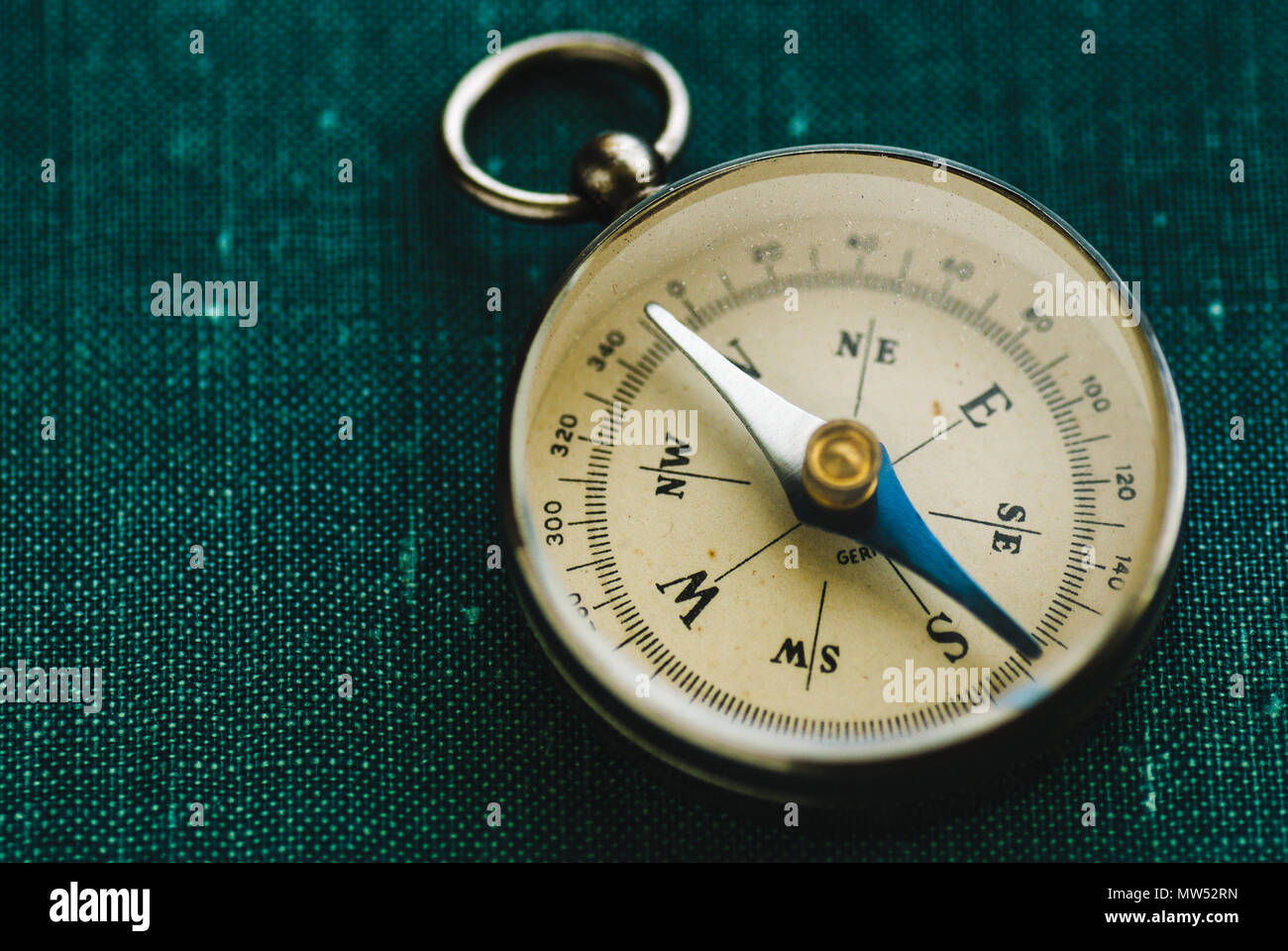 Old yellow retro compass on a green background Stock Photo - Alamy