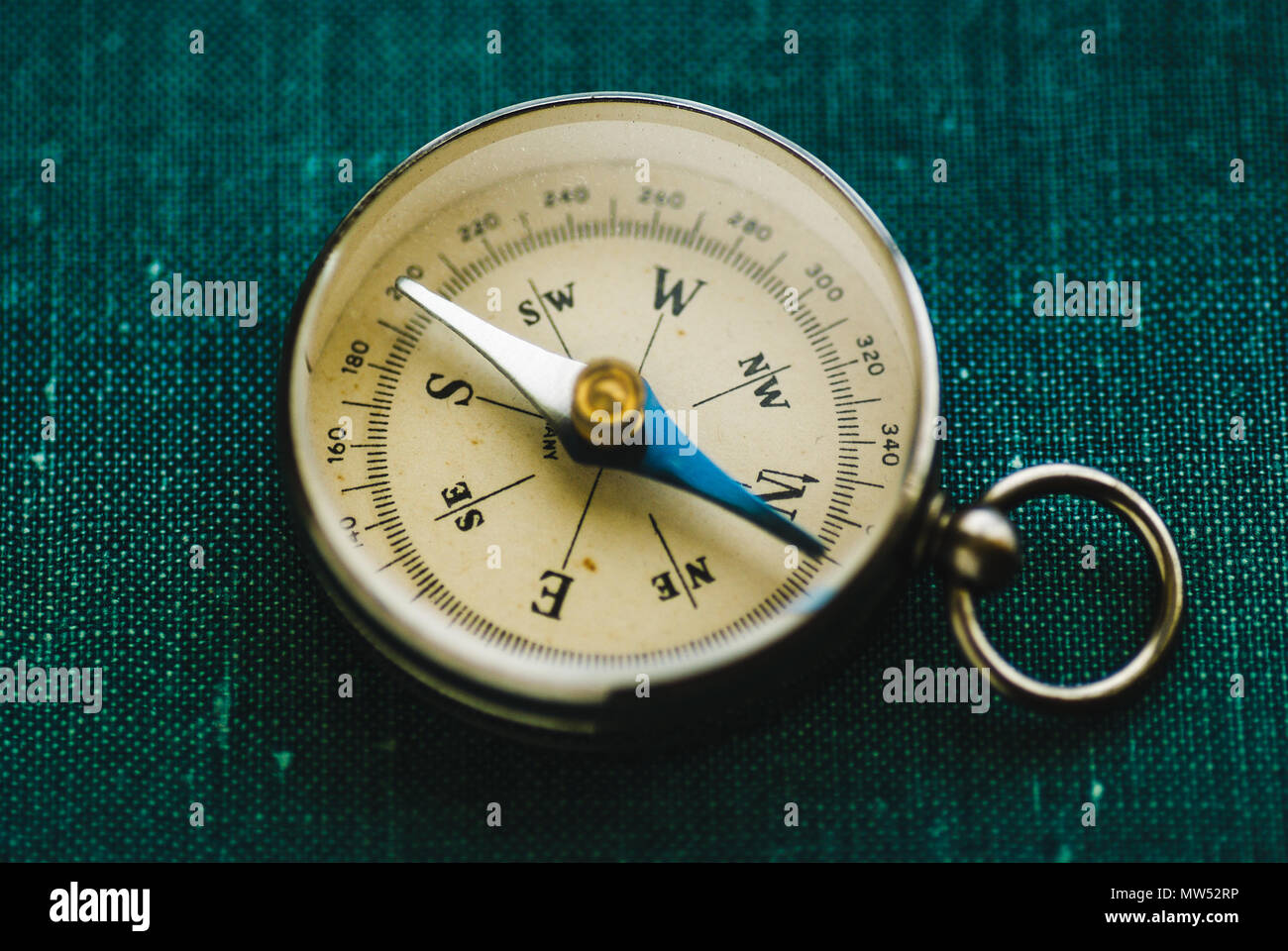 Old yellow retro compass on a green background Stock Photo - Alamy