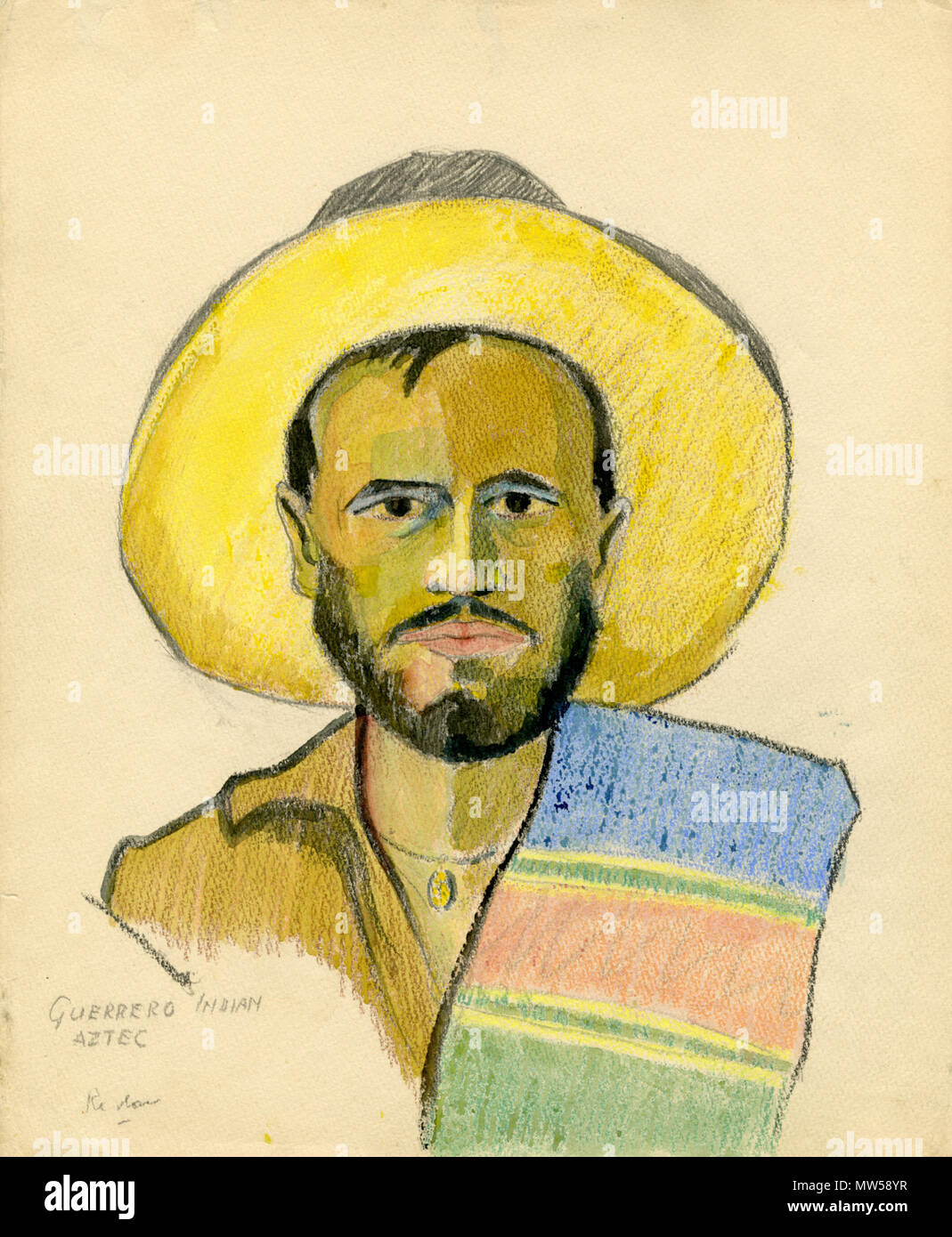 . English: Watercolor painting. . 15 August 1936 148 Cusco, Mexican man ...
