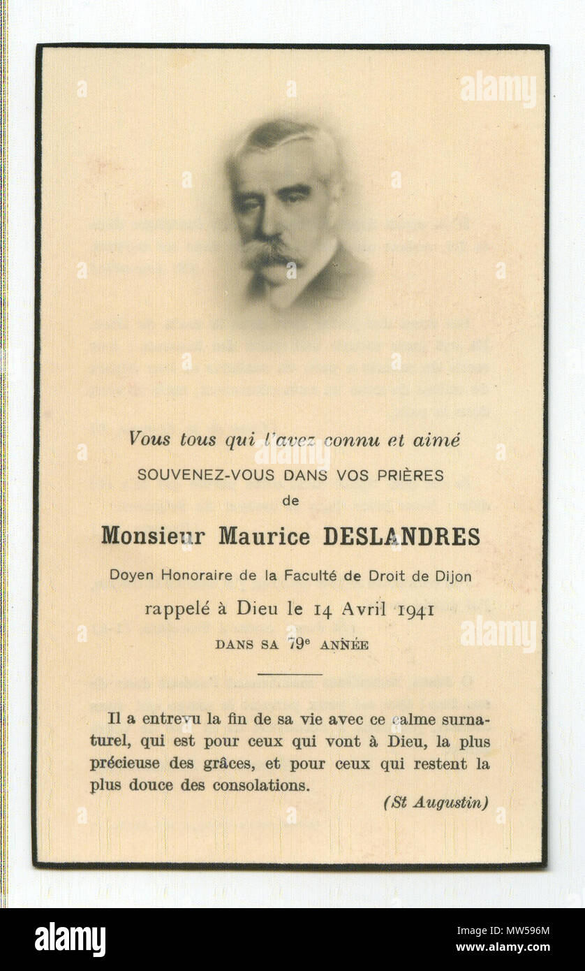 . Français : Image mortuaire Maurice DESLANDRES mort en 1941 . 22 ...