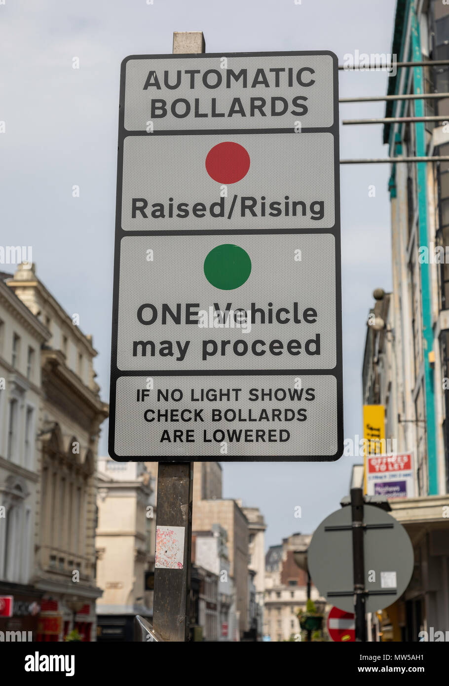 A street sign warning drivers of automatic bollards in Bold Street ...