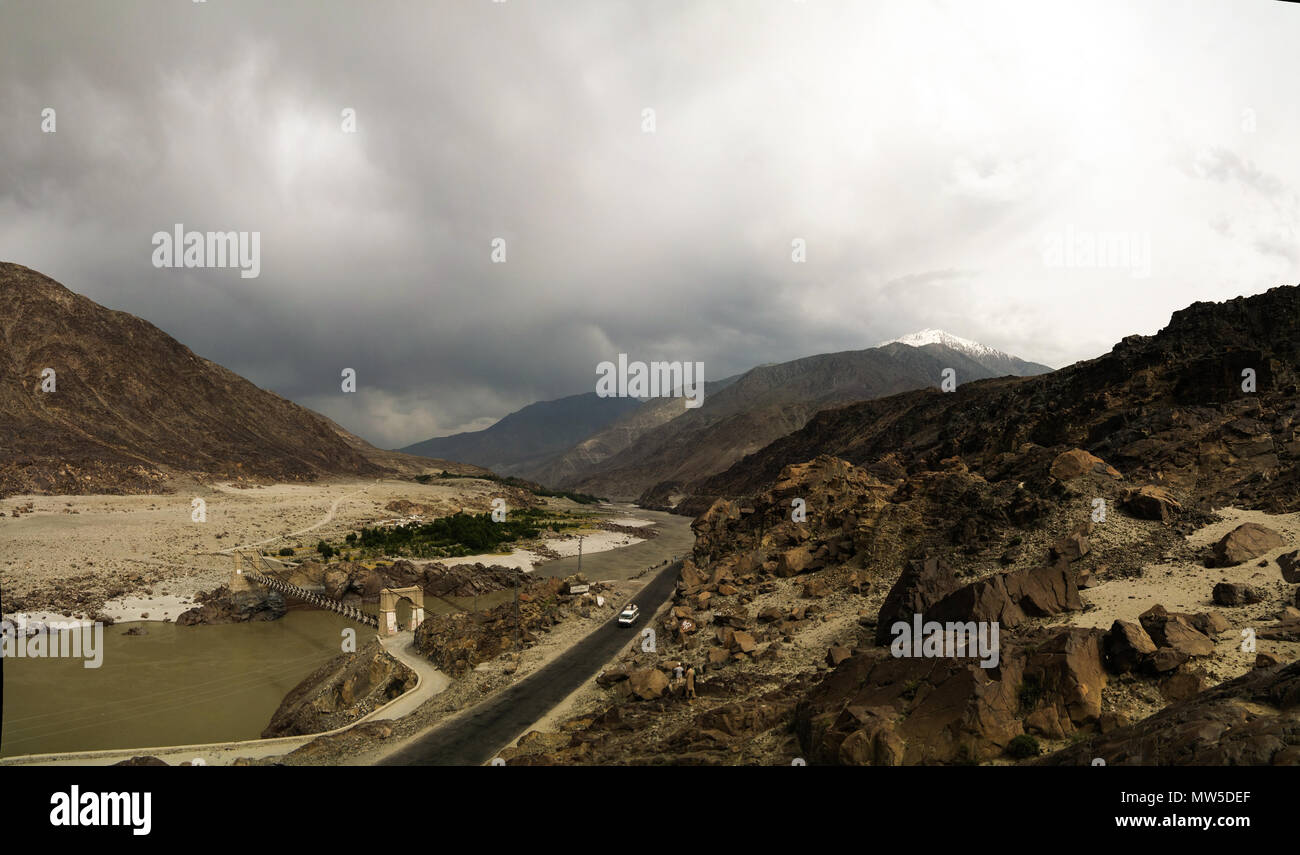 Panorama of Indus river and valley with bridge, Karakoram, Pakistan ...