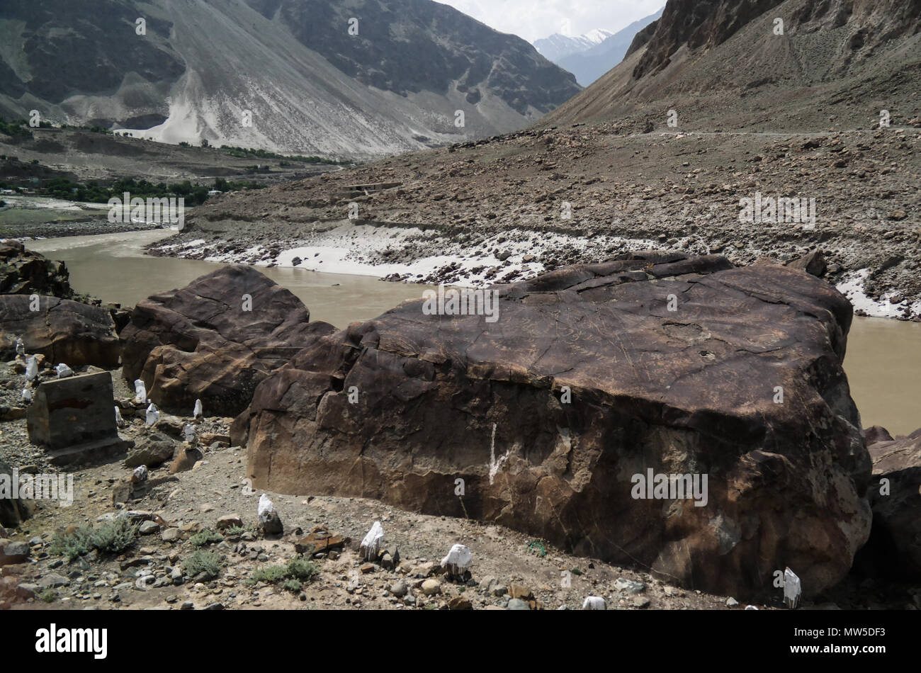 Petroglyphs at the bank of Indus river, Karakorum, Chilas Gilgit ...