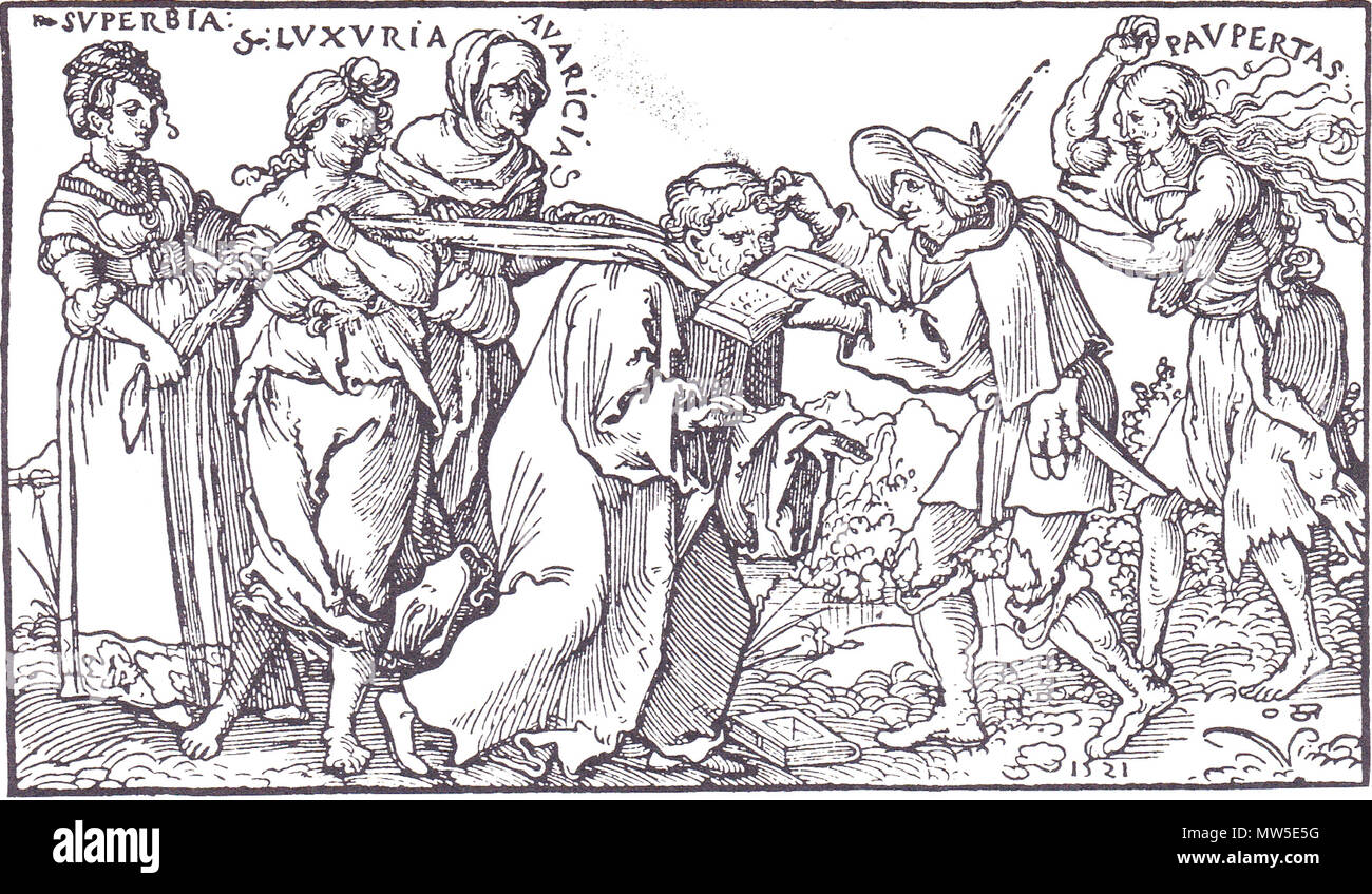 . English: Satire over monks, by H.S. Beham. Allegorical woodcut. 16th ...