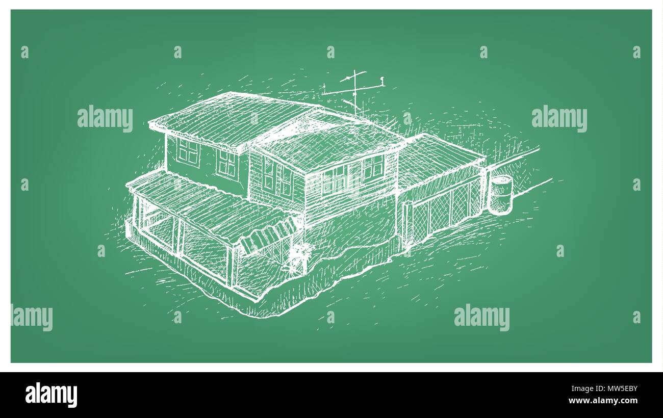 Illustration Hand Drawn Sketch of Vintage Old Wooden House in Asian ...