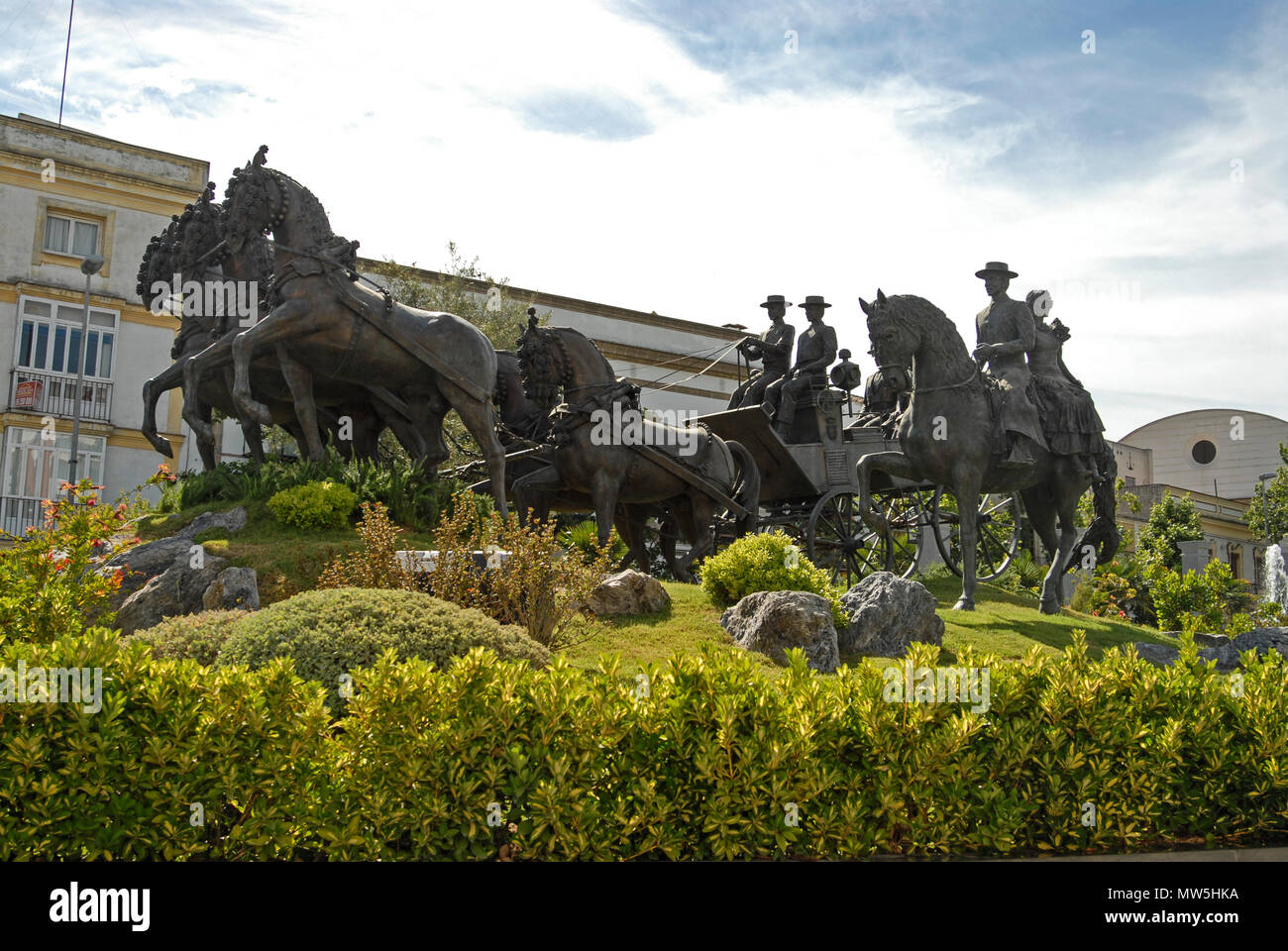 An equestrian monument of Andalusian horses pulling a carriage ...