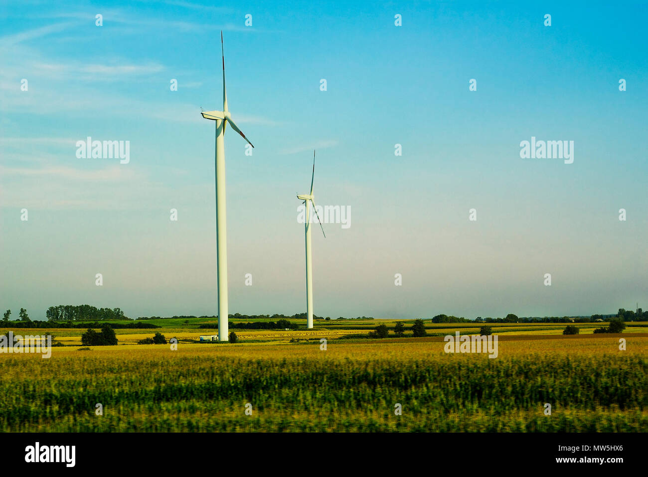 New modern Windmills in green fields. Summer village landscape with ...