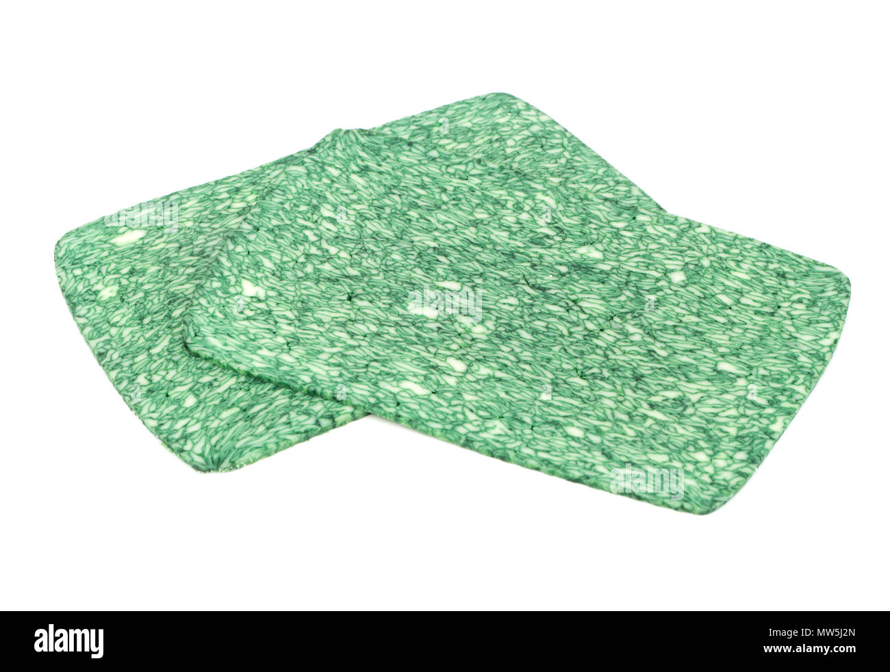 Two slices of green cheese with Basil isolated on white background ...