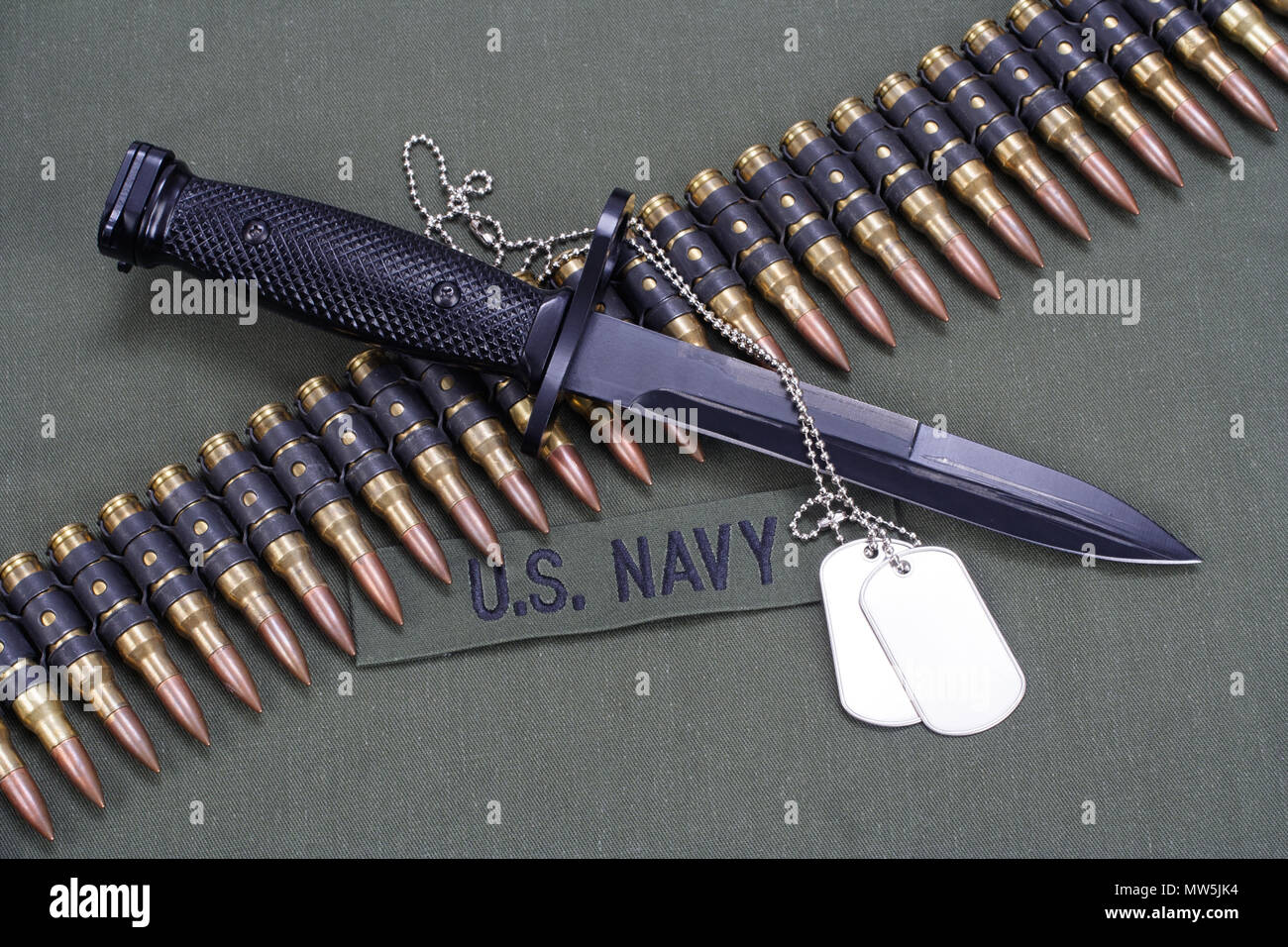 bayonet and ammunition belt on US NAVY uniform background Stock Photo ...