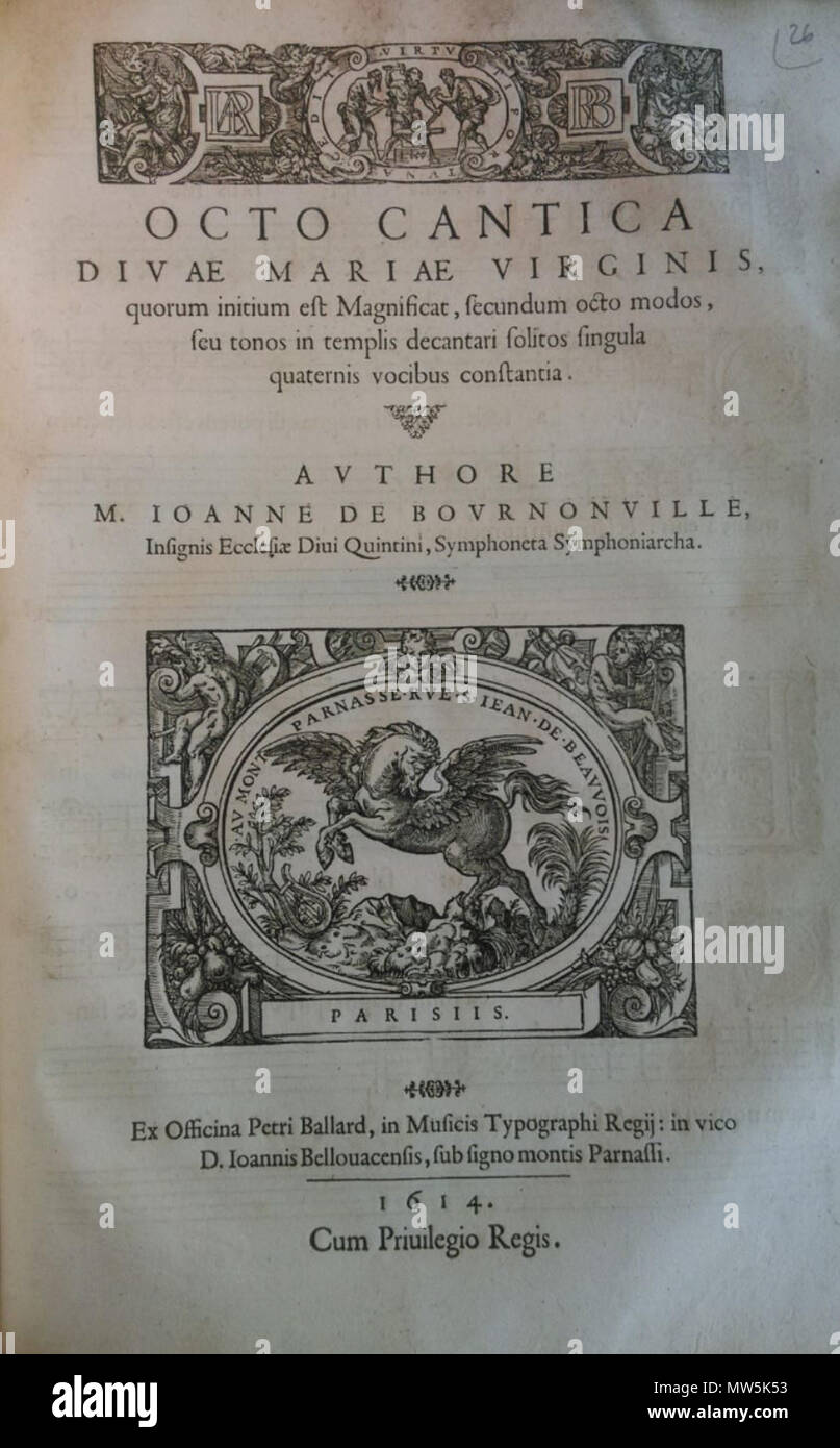 . English: Title page of Bournonville's Octo cantica (Paris, 1614 ...