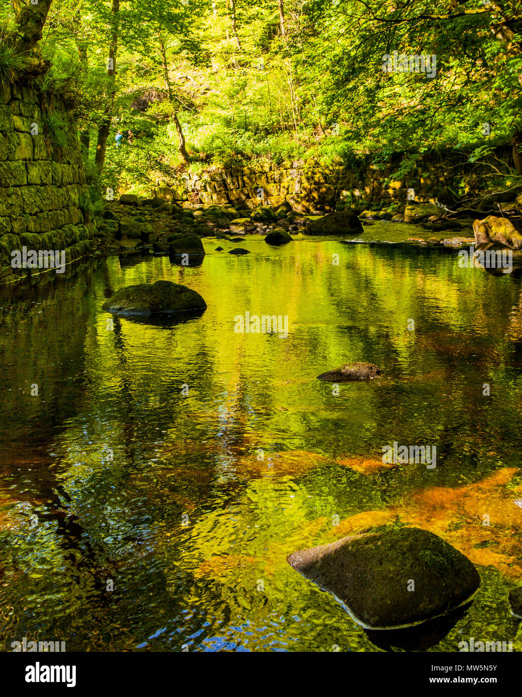 Hebden Beck runs between walls built as part of Foster Mill dam, Hebden ...