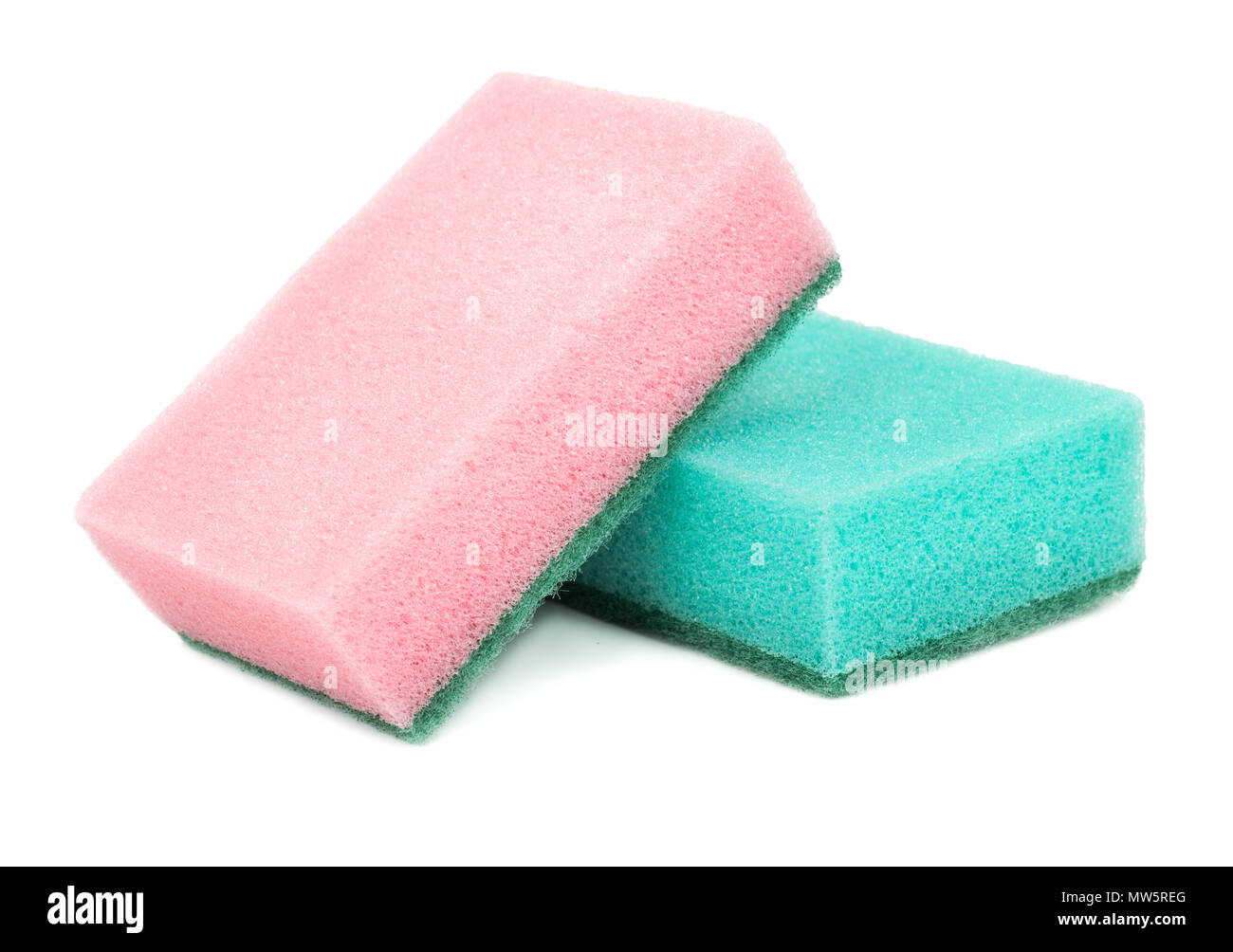 Pink and blue dish washing sponge on white background Stock Photo - Alamy
