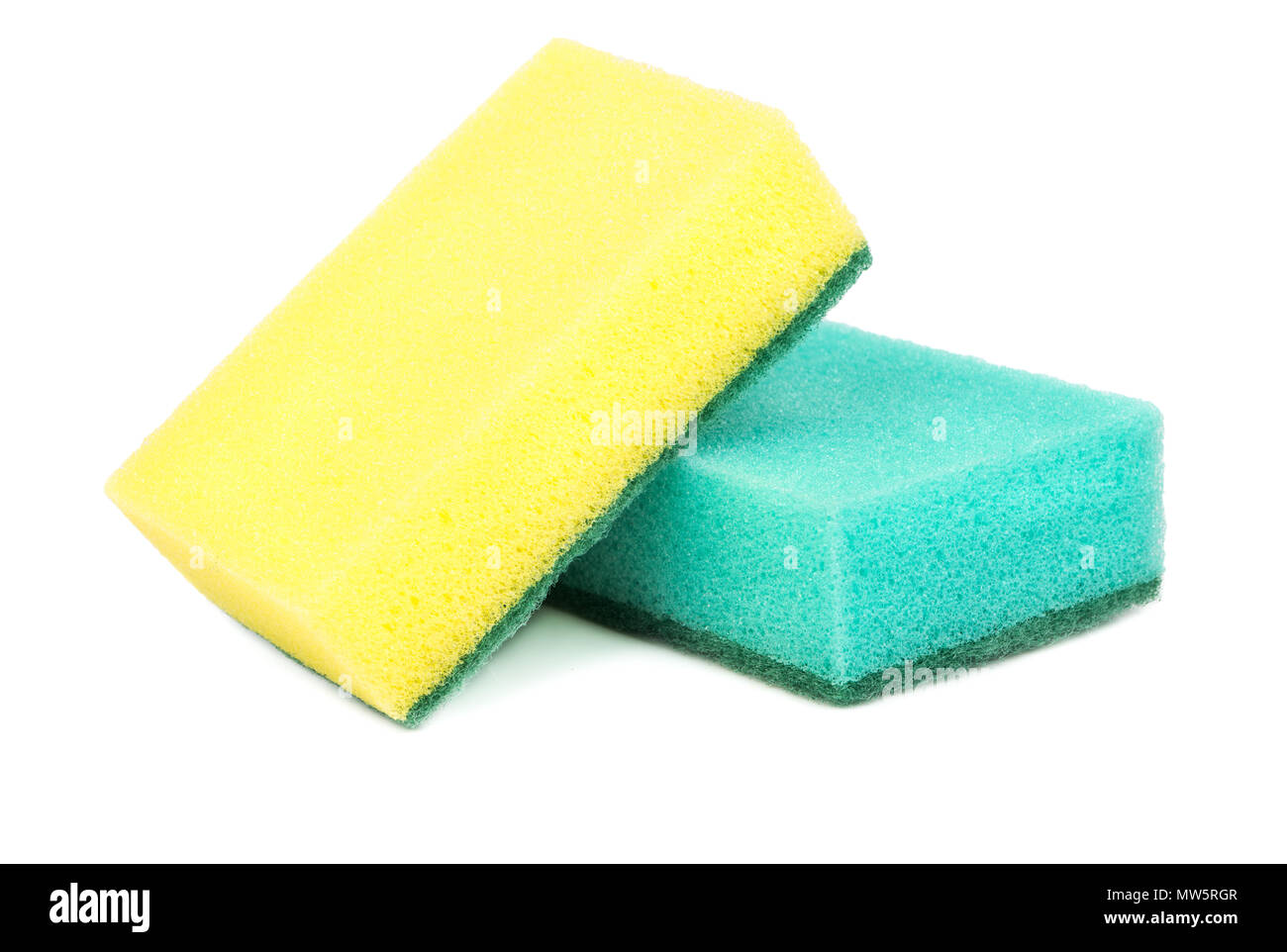 Yellow and blue dish washing sponge on white background Stock Photo - Alamy